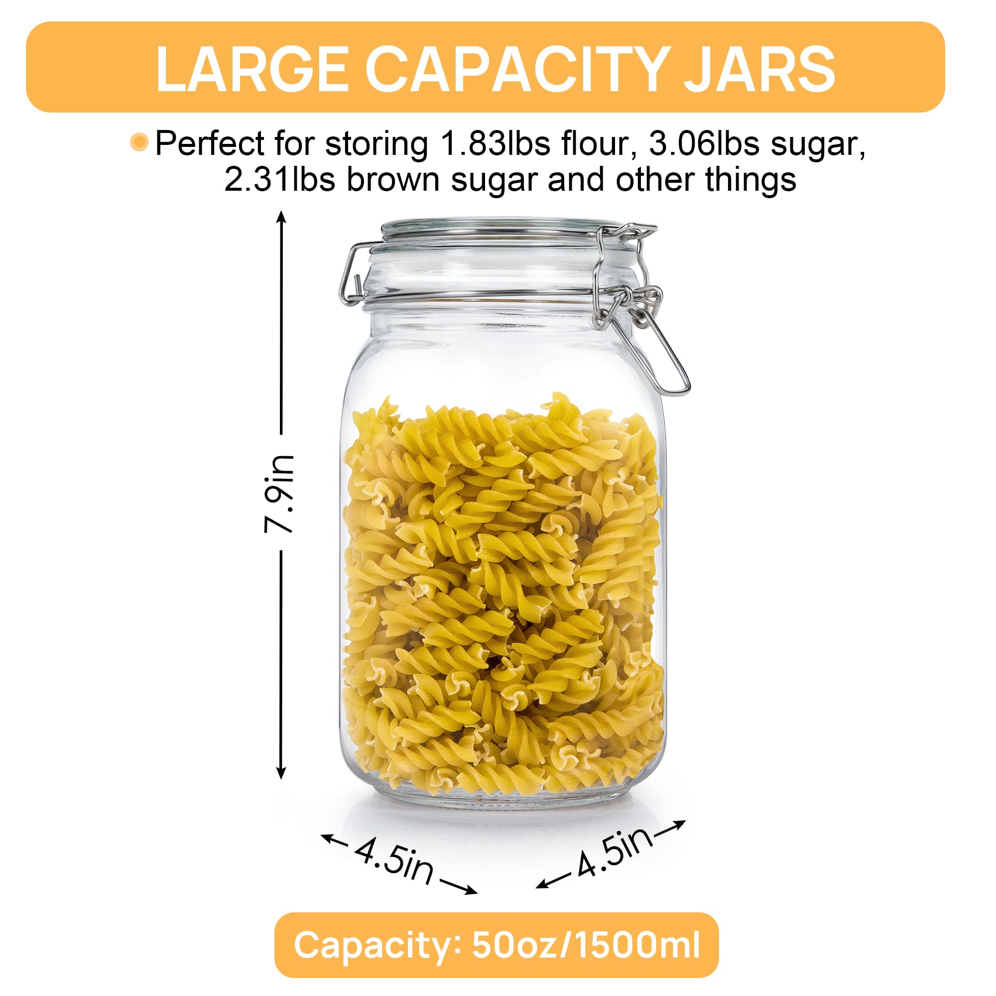 CHEFSTORY 50oz Airtight Glass Jars with Lids, 3 PCS Food Storage Canister for Kitchen & Pantry Organization and Storage, Square Mason Jar Containers for Storing Sugar, Flour, Cereal,Coffee,Cookies