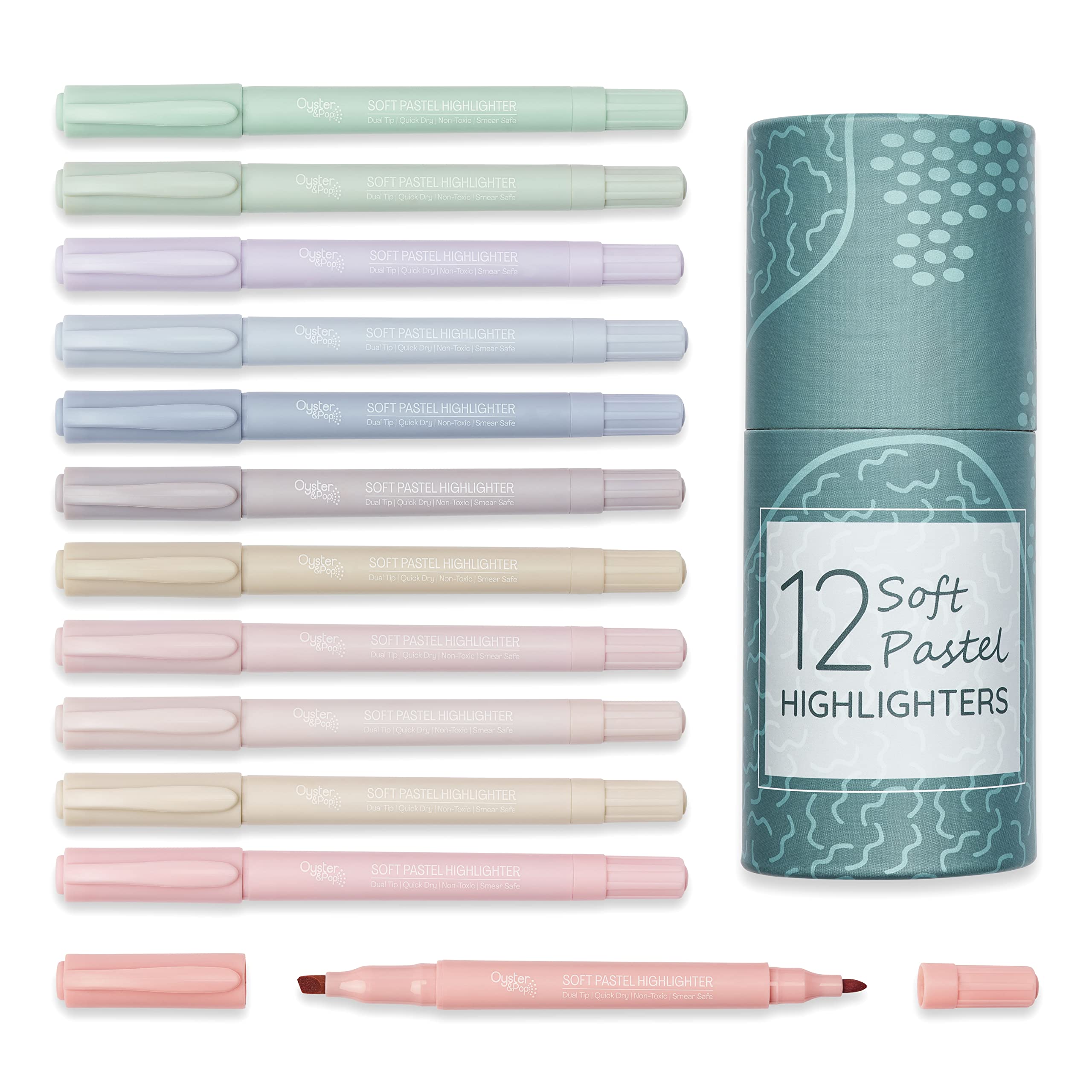 Oyster&Pop 12 Pcs Dual Tip No Bleed Pastel Highlighters | Aesthetic Desk Accessories & Book Highlighters | Cute No Bleed Highlighters for Journaling | Highlighters Aesthetic | Giftable Pen Pot