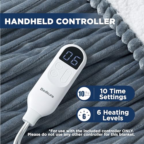 Bedsure Heated Blanket Electric Twin XL Size - Soft Ribbed Flannel, Fast Heating Electric Blanket with 6 Heating Levels & 10 Time Settings, 8 Hours Auto-Off (60x80 inches, Grey)