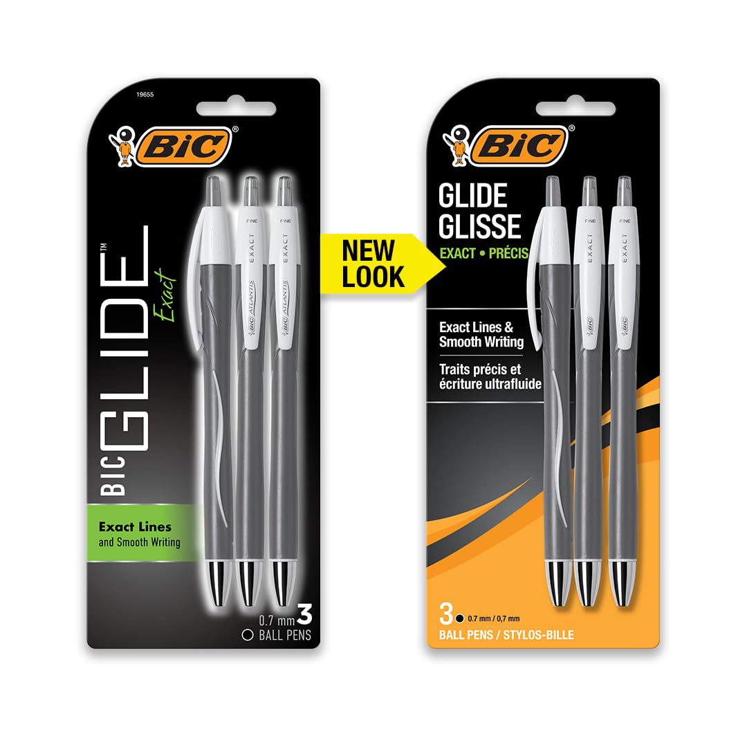 BIC Glide Exact Retractable Ball Point Pen, Fine Point (0.7 mm), Black, Precise Lines For Clean Writing, 3-Count