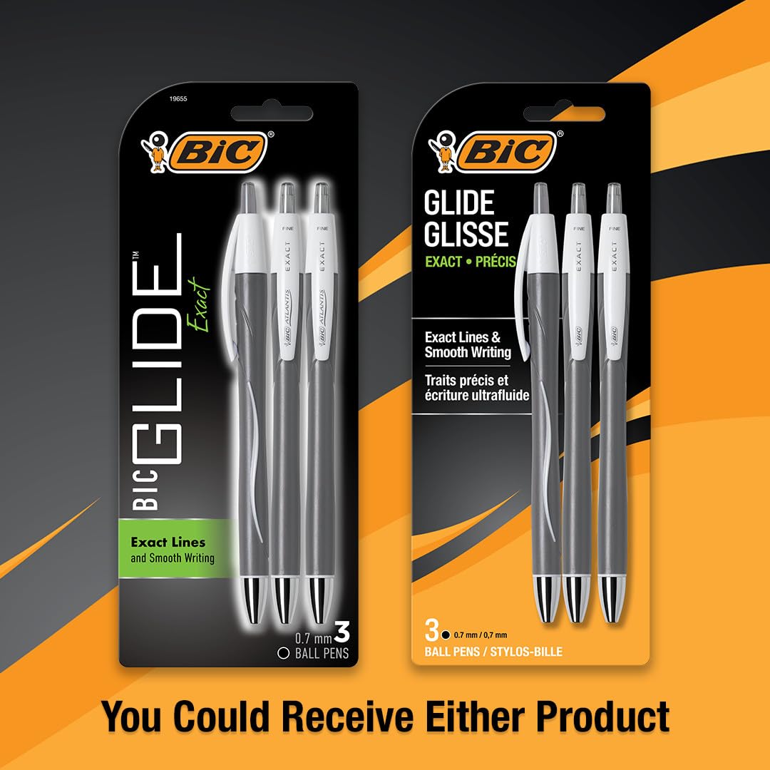 BIC Glide Exact Retractable Ball Point Pen, Fine Point (0.7 mm), Black, Precise Lines For Clean Writing, 3-Count