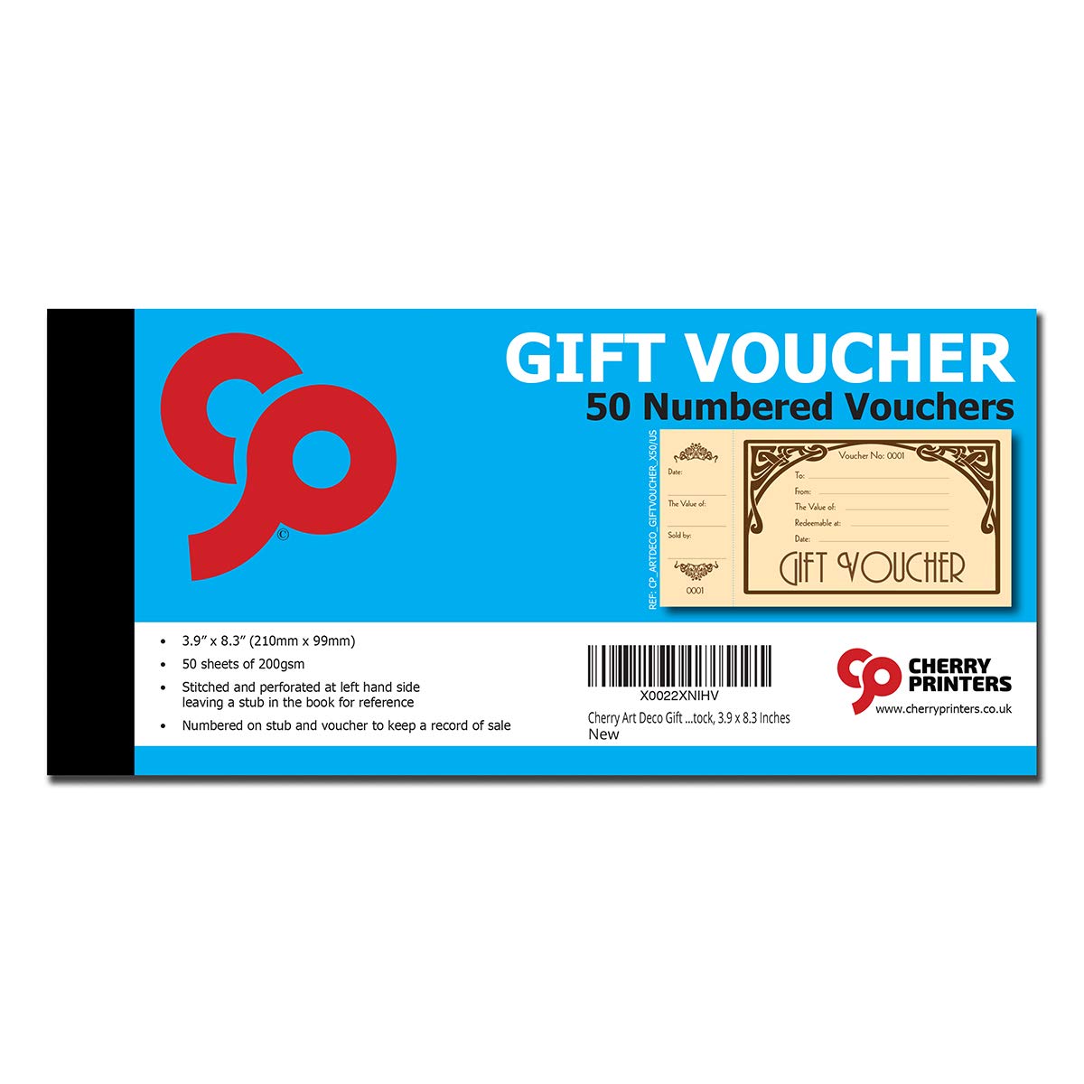 Cherry Art Deco Gift Certificate Cards/Voucher/Gift Coupon Book with Stub 50pages Cardstock 3.9 x 8.3 Inches