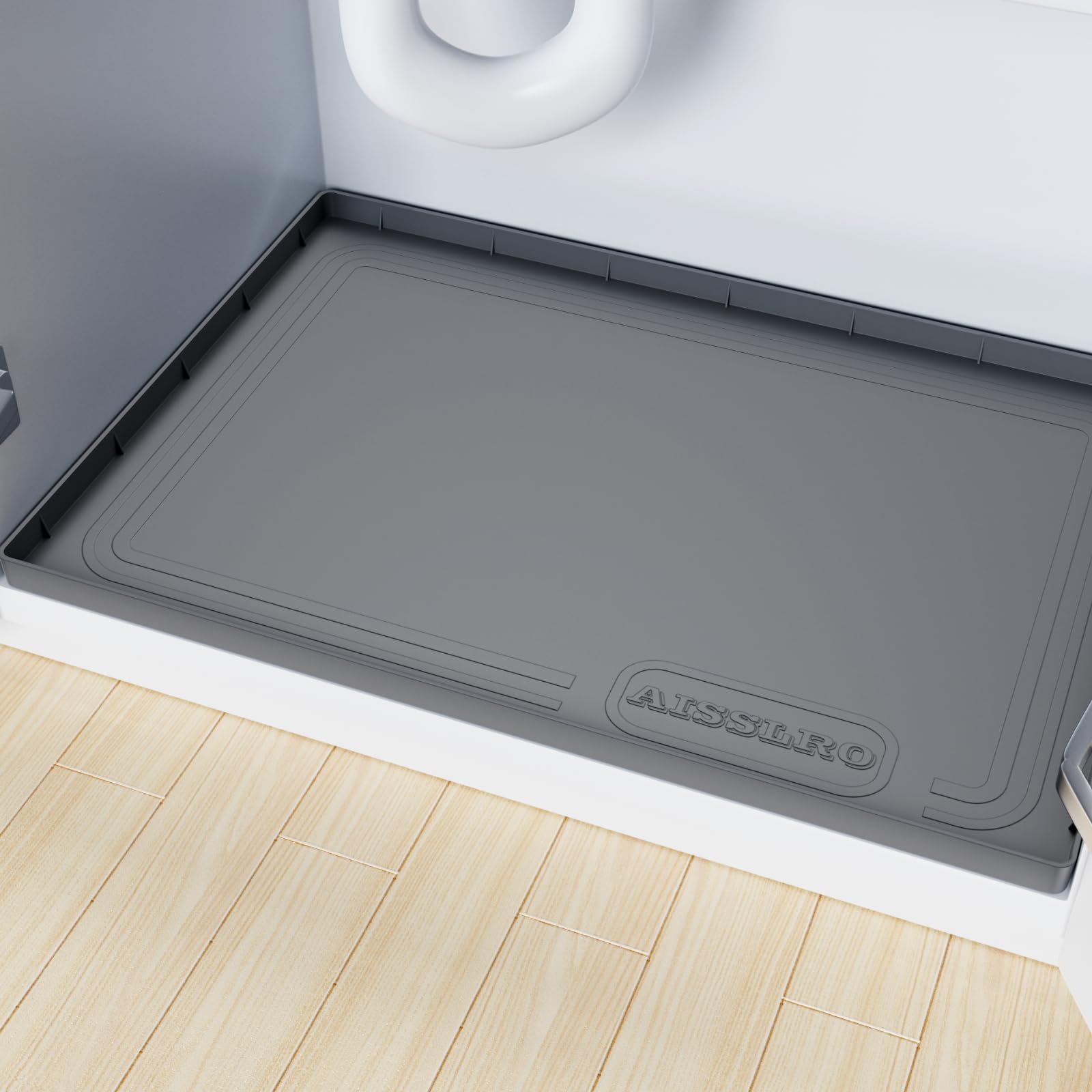 Under Sink Mat, 34" x 22" Silicone Under Sink Liner, Waterproof Shelf Liner with Drain Hole, Kitchen Bathroom Cabinet Mat (Grey)