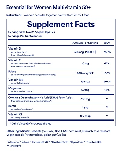 Ritual Multivitamin for Women 50 and Over, Menopause Supplements with Vitamin D3, K2 and Magnesium for Bone Support*, Omega-3 DHA, Vitamin B12, Non-GMO, Mint Essenced, 30 Day Supply, 60 Vegan Capsules