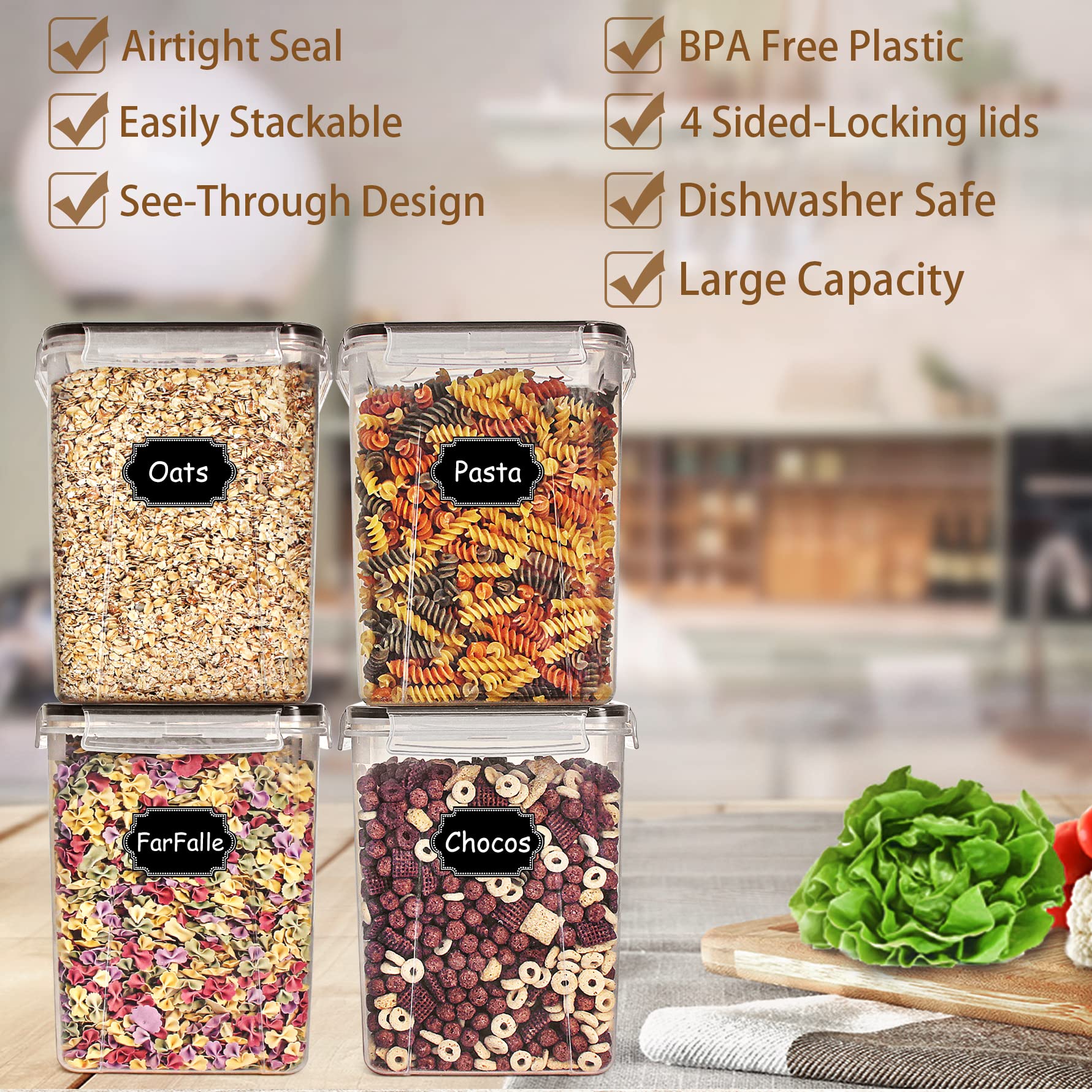 Large Food Storage Containers 5.2L /175oz, Wildone 4 Piece BPA Free Plastic Airtight Food Storage Containers for Flour, Sugar, Baking Supplies, Kitchen & Pantry Containers with 20 Labels