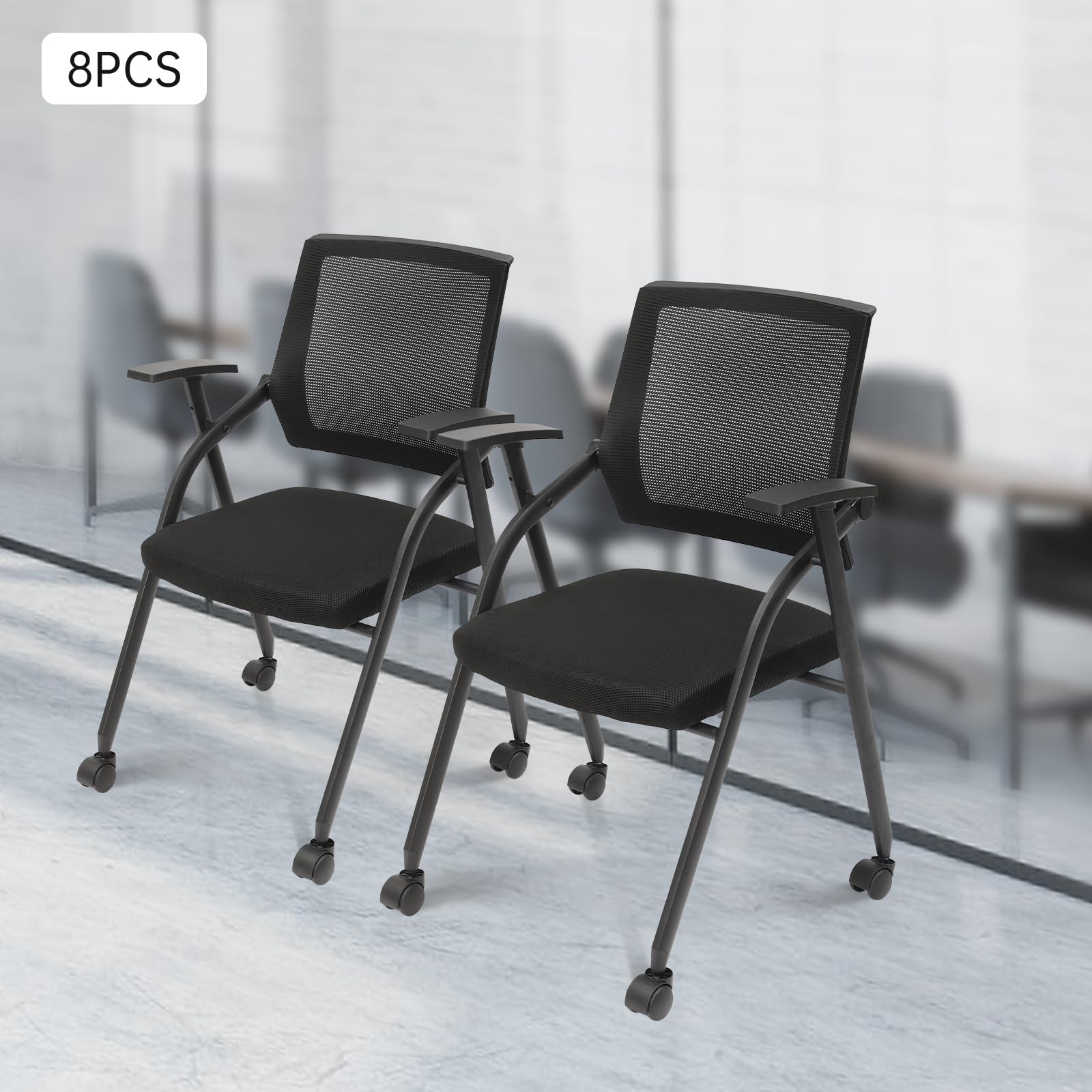 Conference Room Chairs, Set of 8, Stackable & Ergonomic Foldable Chair with Wheels and Armrest, Mesh Bouncing Back, Lumbar Support, Training Room Chair for Office Meetings, Reception