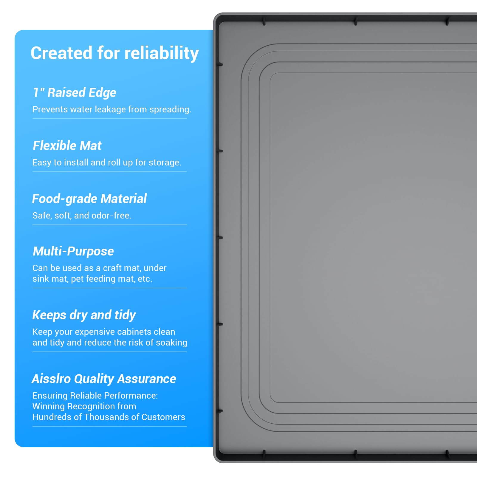Under Sink Mat, 34" x 22" Silicone Under Sink Liner, Waterproof Shelf Liner with Drain Hole, Kitchen Bathroom Cabinet Mat (Grey)