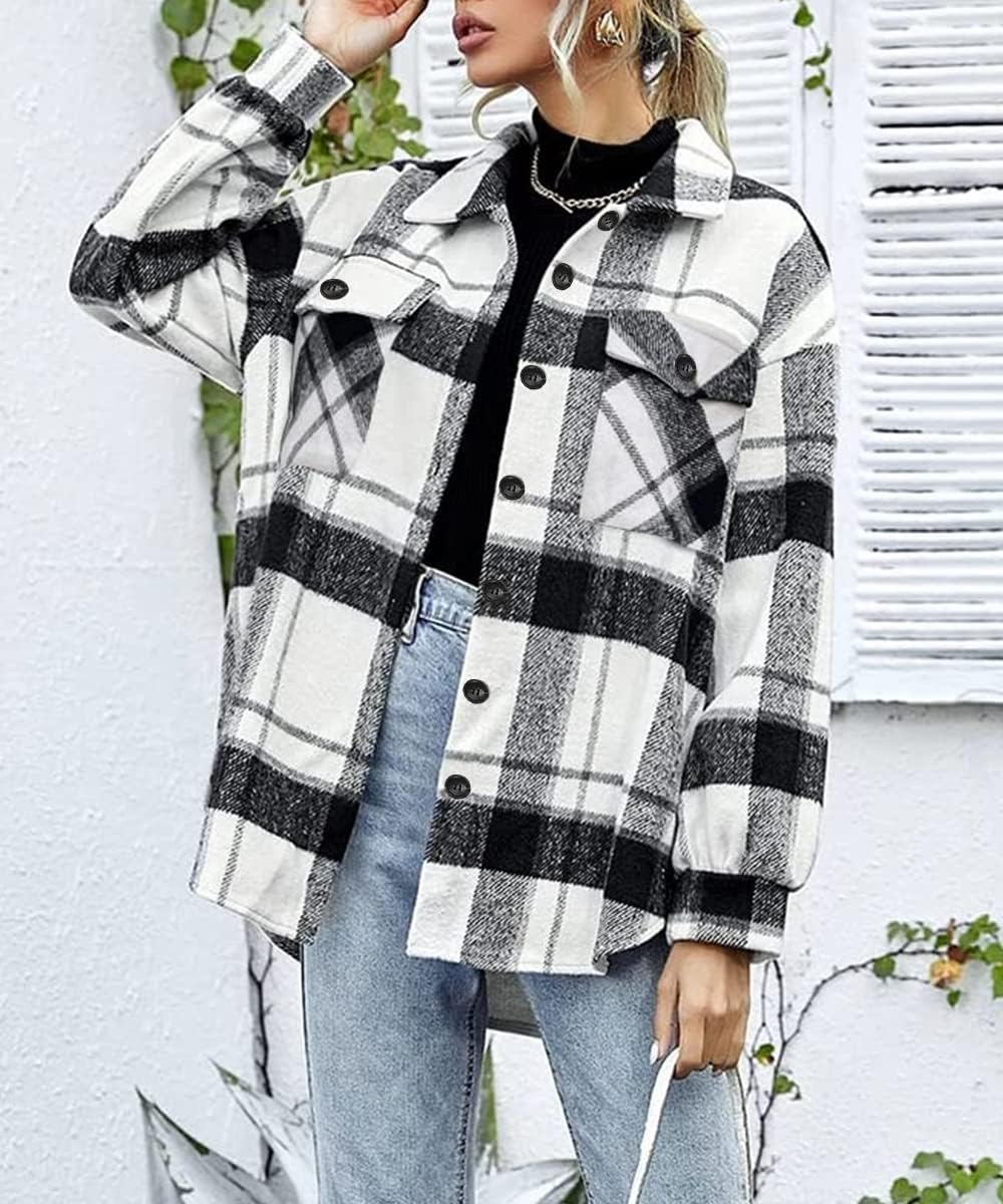 AUTOMET Womens Fall Outfits Fashion Clothes Shackets Flannel Plaid Button Down Long Sleeve Shirts Jackets Blackwhite L