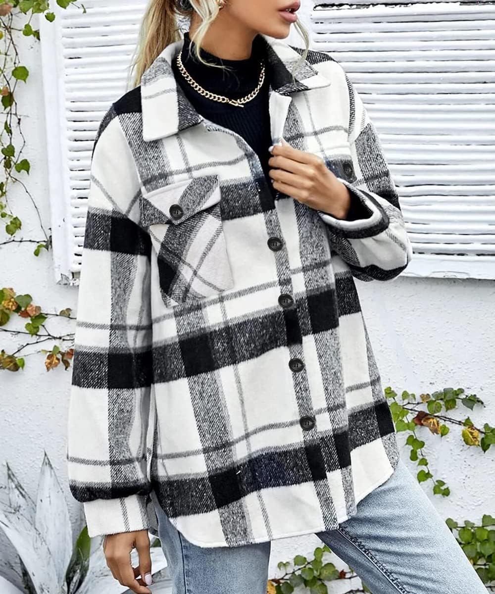 AUTOMET Womens Fall Outfits Fashion Clothes Shackets Flannel Plaid Button Down Long Sleeve Shirts Jackets Blackwhite L