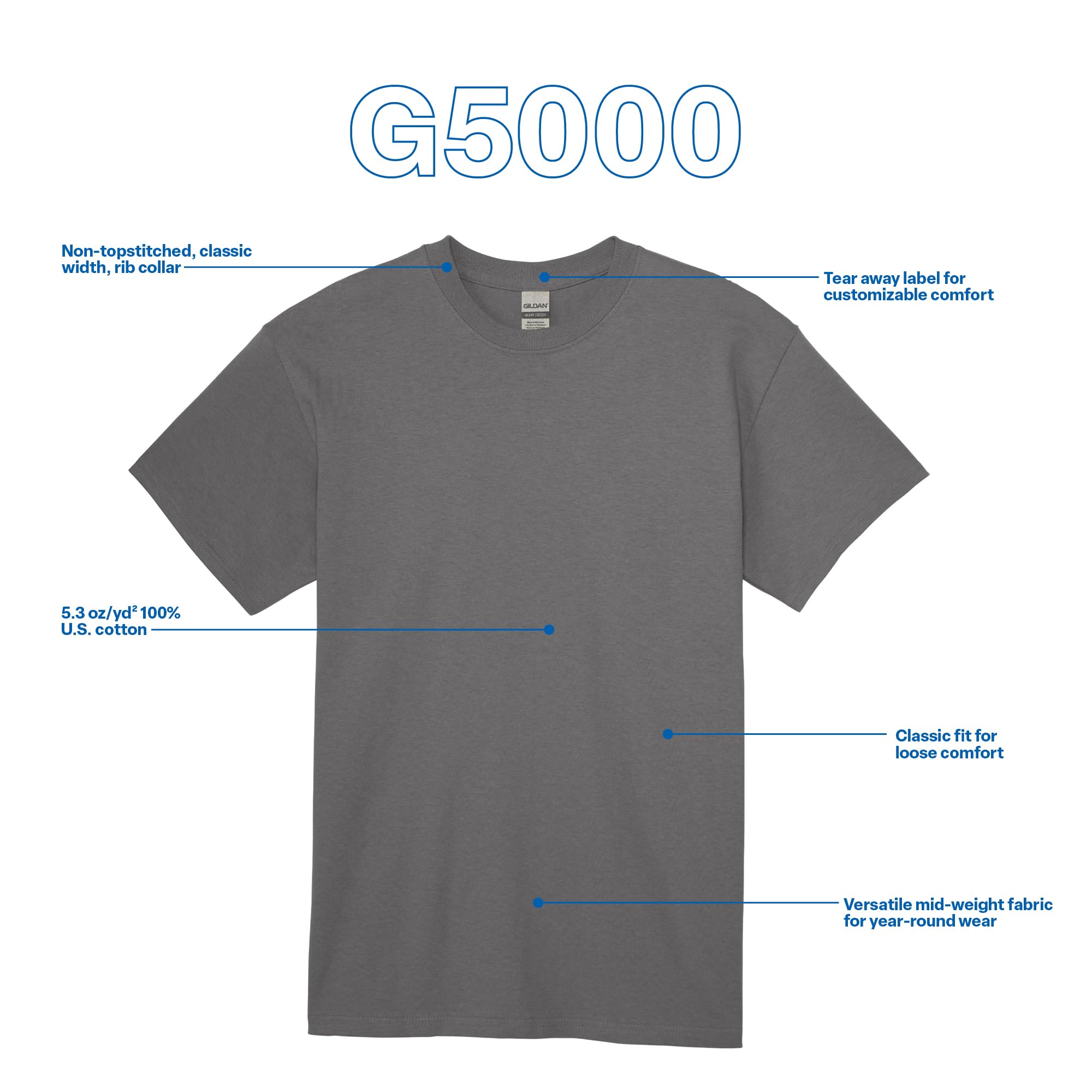 Gildan Men's Heavy Cotton T-Shirt, Style G5000, Multipack, Charcoal (10-Pack), X-Large