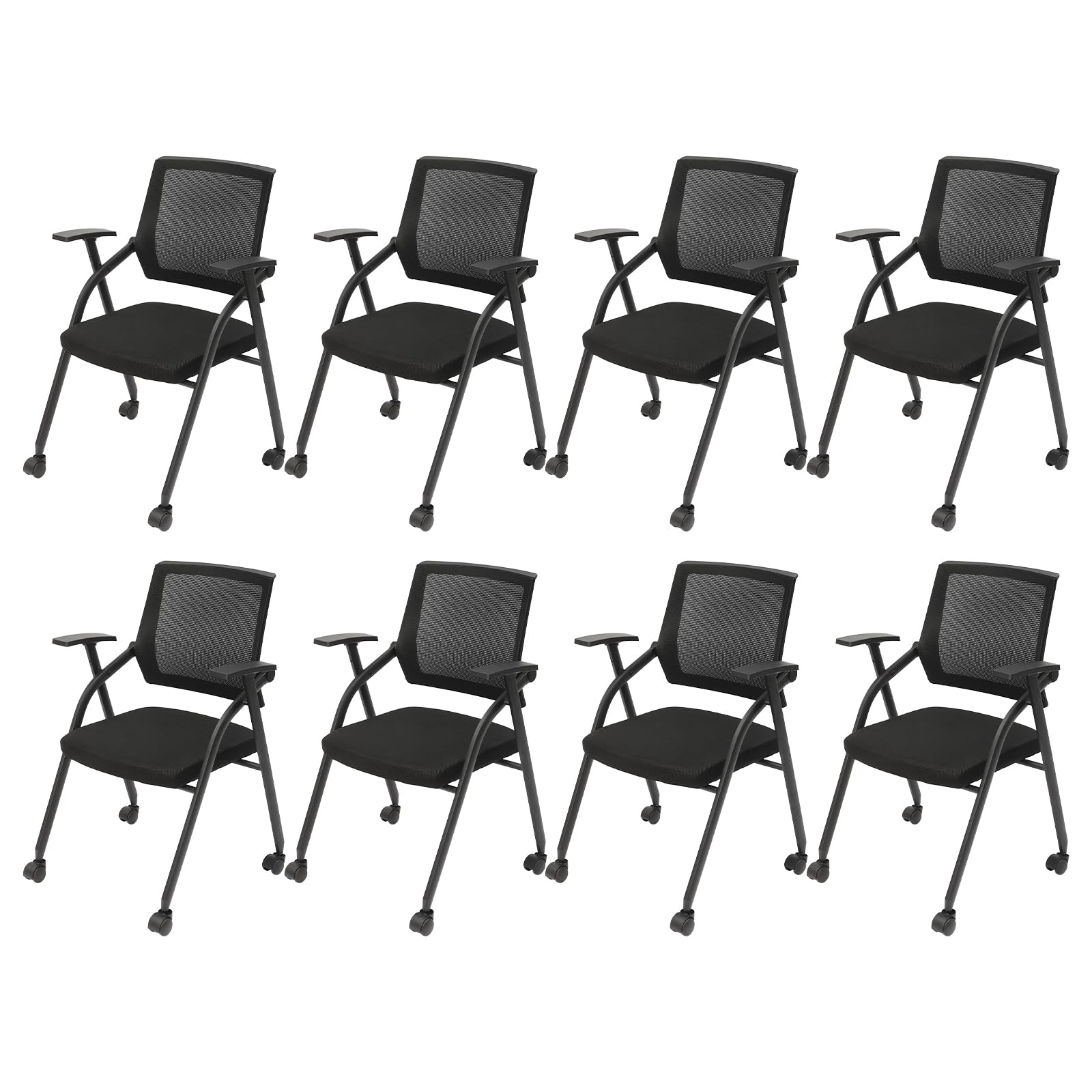 Conference Room Chairs, Set of 8, Stackable & Ergonomic Foldable Chair with Wheels and Armrest, Mesh Bouncing Back, Lumbar Support, Training Room Chair for Office Meetings, Reception