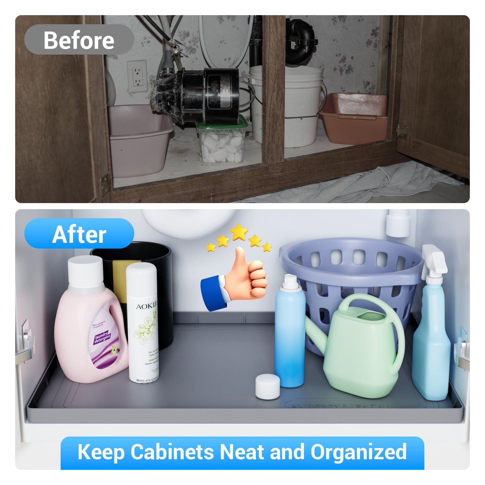 Under Sink Mat, 34" x 22" Silicone Under Sink Liner, Waterproof Shelf Liner with Drain Hole, Kitchen Bathroom Cabinet Mat (Grey)