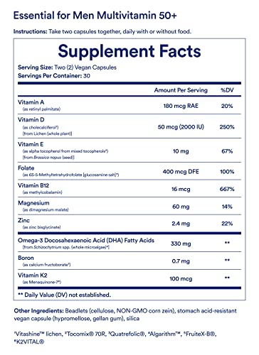 Ritual Multivitamin for Men 50 and Over with Zinc, Vitamin A and D3 for Immune Function Support*, Omega-3 DHA, B12, K2, Gluten Free, Non-GMO, Mint Essenced, 30 Day Supply, 60 Vegan Capsules