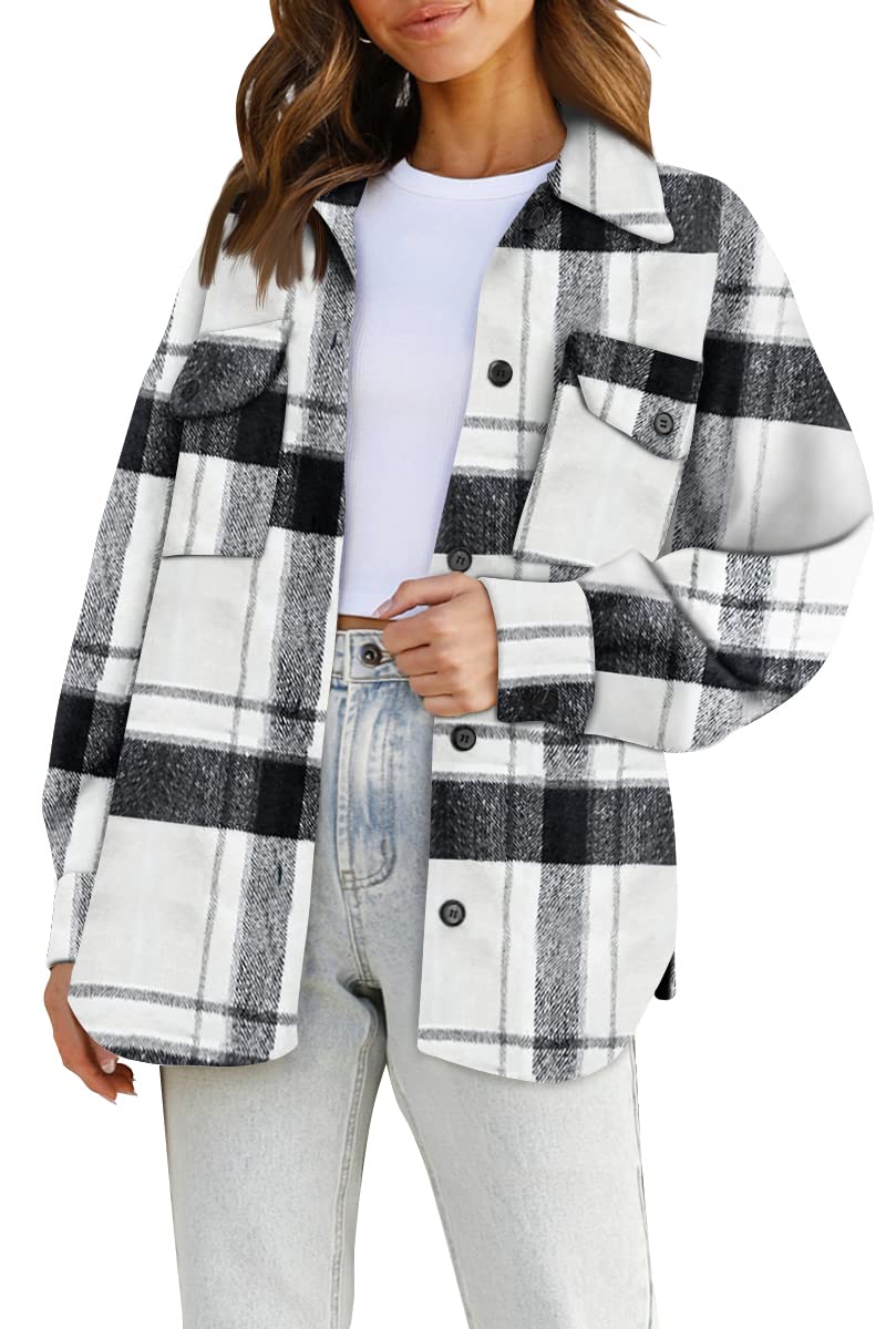 AUTOMET Womens Fall Outfits Fashion Clothes Shackets Flannel Plaid Button Down Long Sleeve Shirts Jackets Blackwhite L