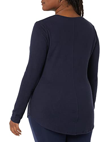 Daily Ritual Women's Cozy Knit Standard-Fit Long-Sleeve Shirttail Hem Crewneck Shirt, Navy, Medium
