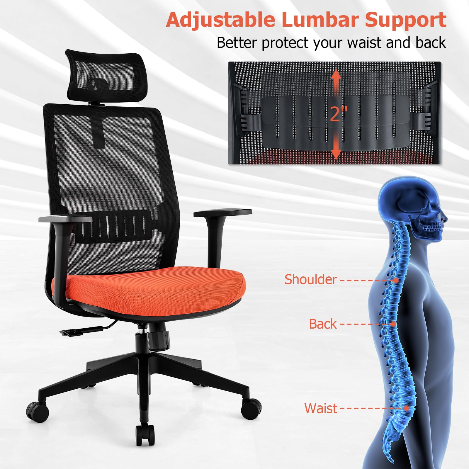 Giantex Big and Tall Office Chair 400lbs, Heavy Duty Ergonomic Mesh Chair with Adjustable Lumbar and 3D Headrest, Wide Orange Seat, High Back Computer Executive Desk Chair for Office, Conference Room