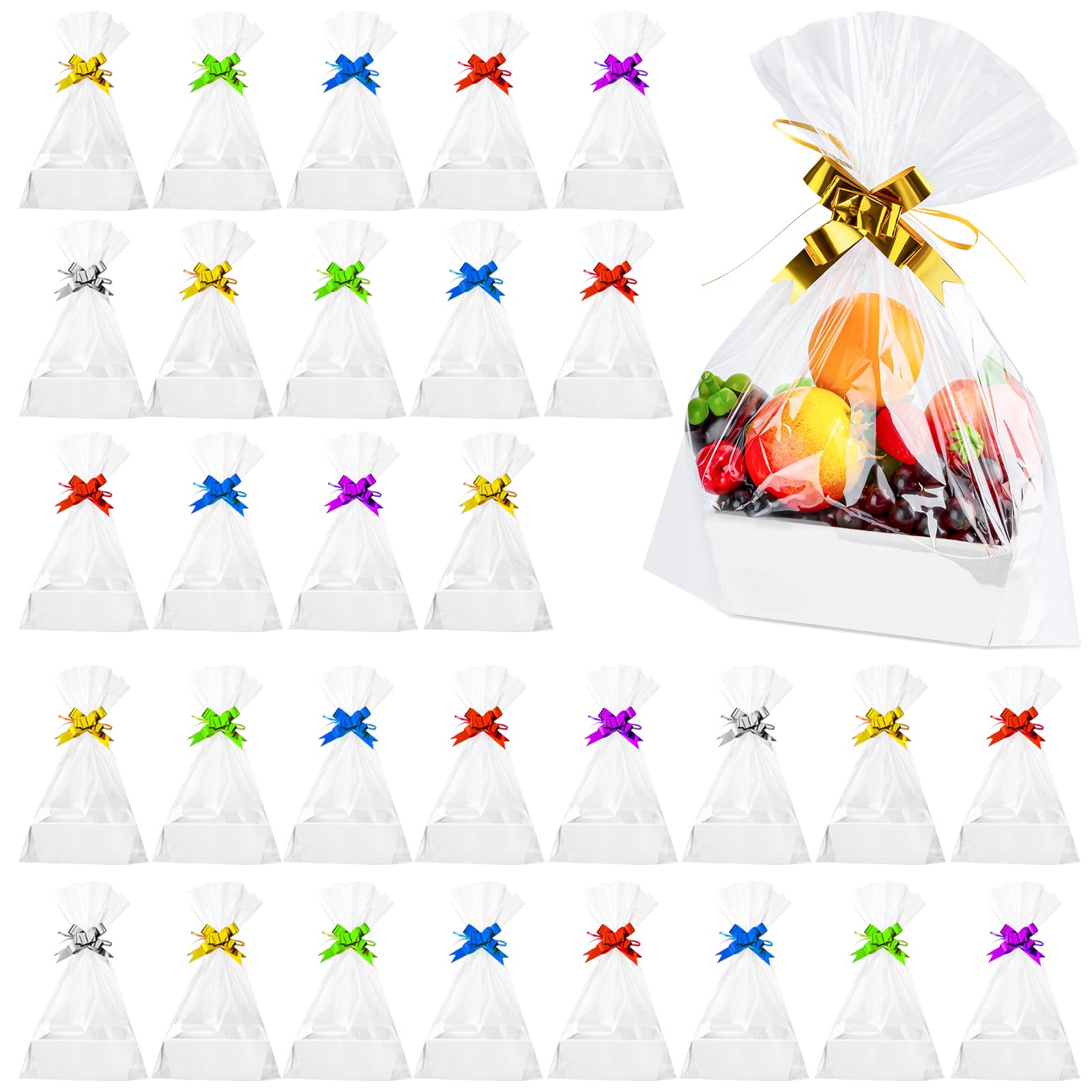 106 Pcs Empty Gift Basket Set 30 Cardboard Gift Basket 8 x 6 x 3 Inch Empty Baskets for Gifts with Handles, 40 Bags, and 36 Multicolor Bows for Party Home Wedding Birthday Food Serving Storage (White)