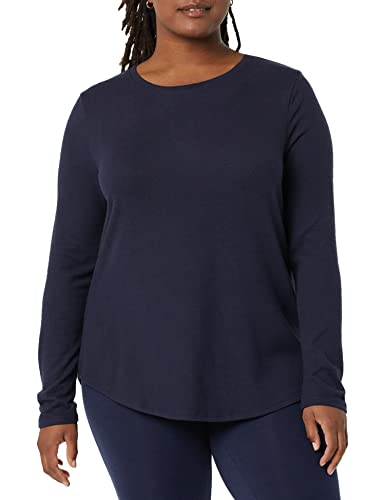 Daily Ritual Women's Cozy Knit Standard-Fit Long-Sleeve Shirttail Hem Crewneck Shirt, Navy, Medium