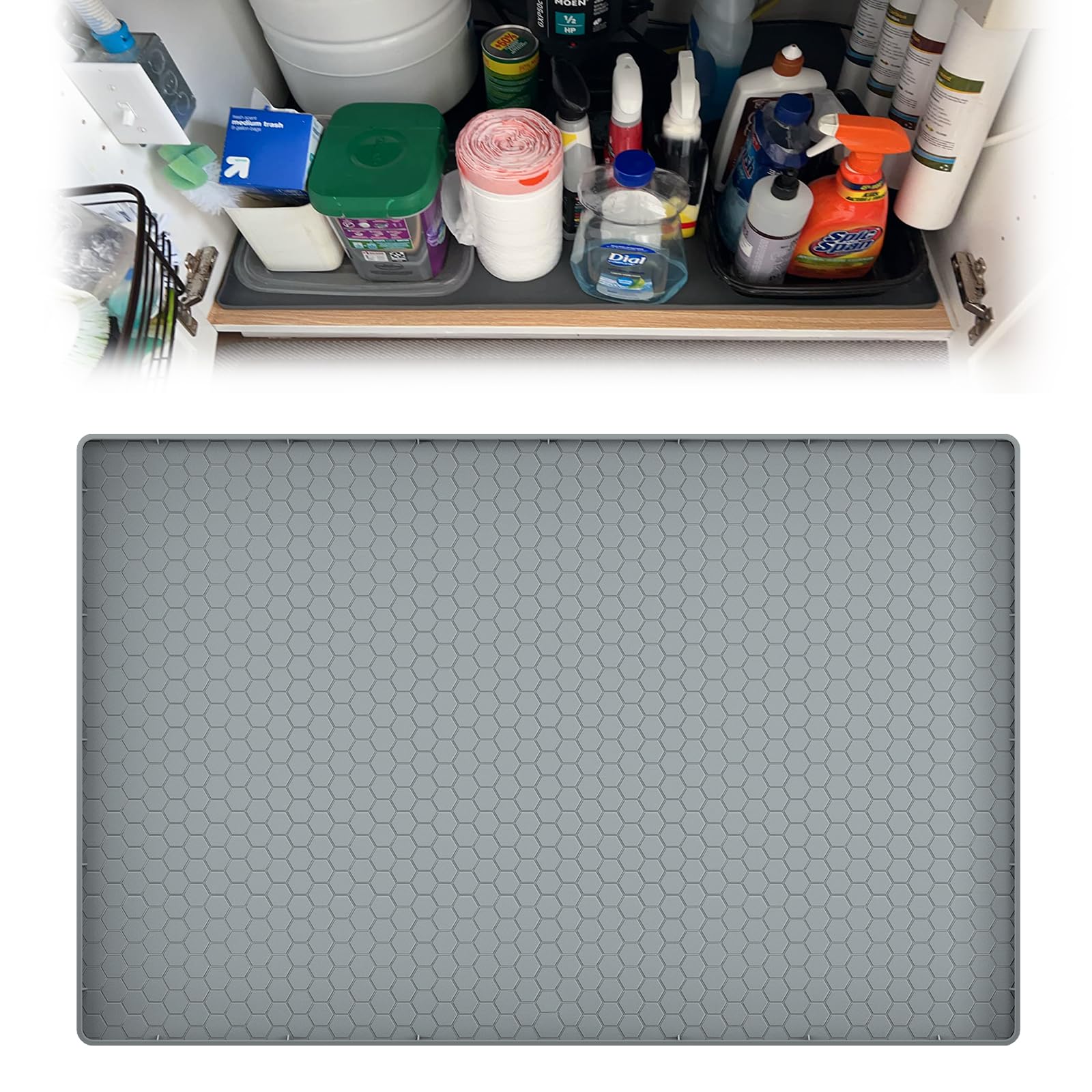 Under Sink Mat, 34" x 22" Silicone Under Sink Liner, Waterproof Shelf Liner with Drain Hole, Kitchen Bathroom Cabinet Mat (Grey)