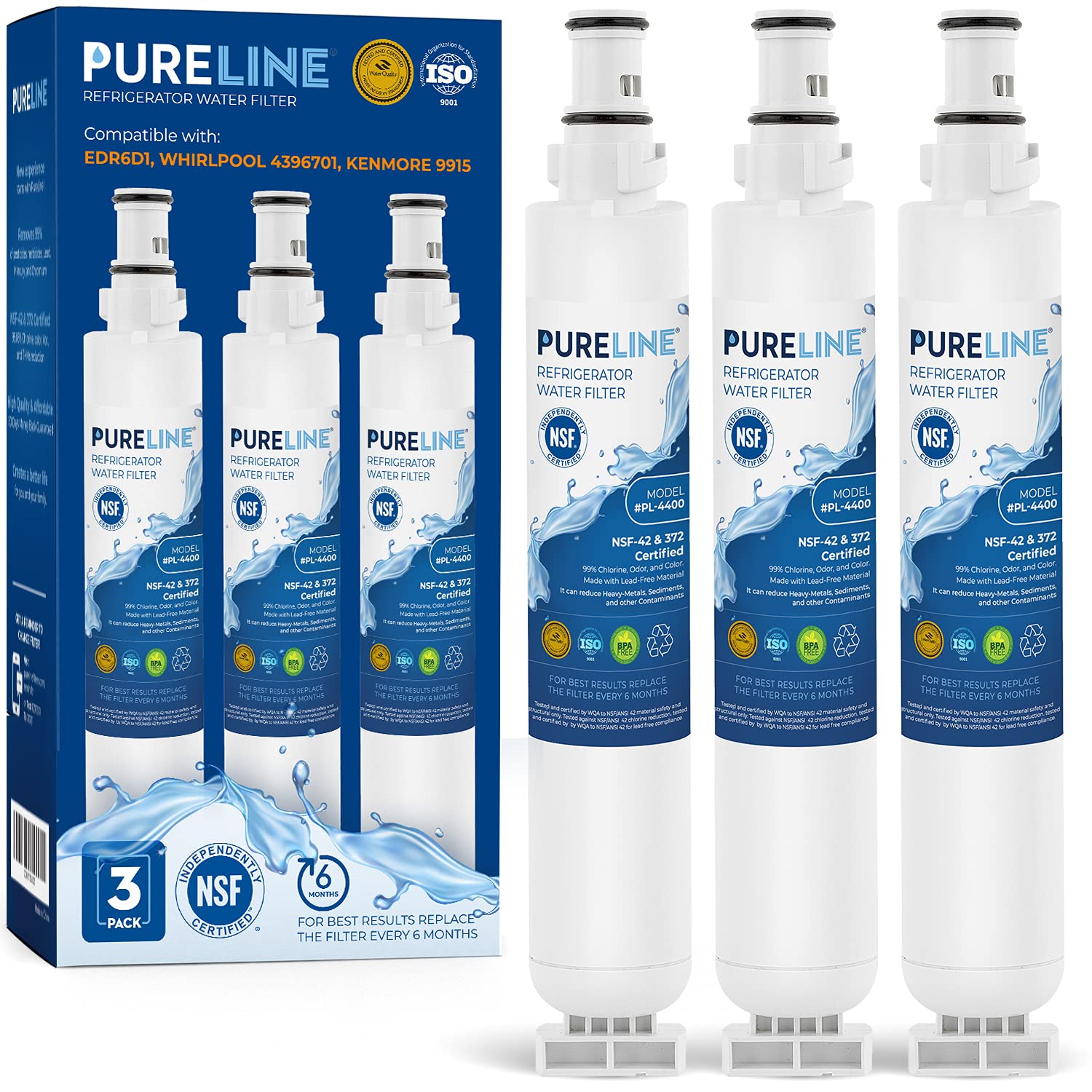 Pureline 4396701 Replacement for Kenmore 9915, 469915, Whirlpool EDR6D1, WF293, LC200V, SGF-W10, L200V, RWF1021, Filter 6, WFL200, 4396702, EFF-6001A - Reduces Bad Taste & Odor (3 Pack)