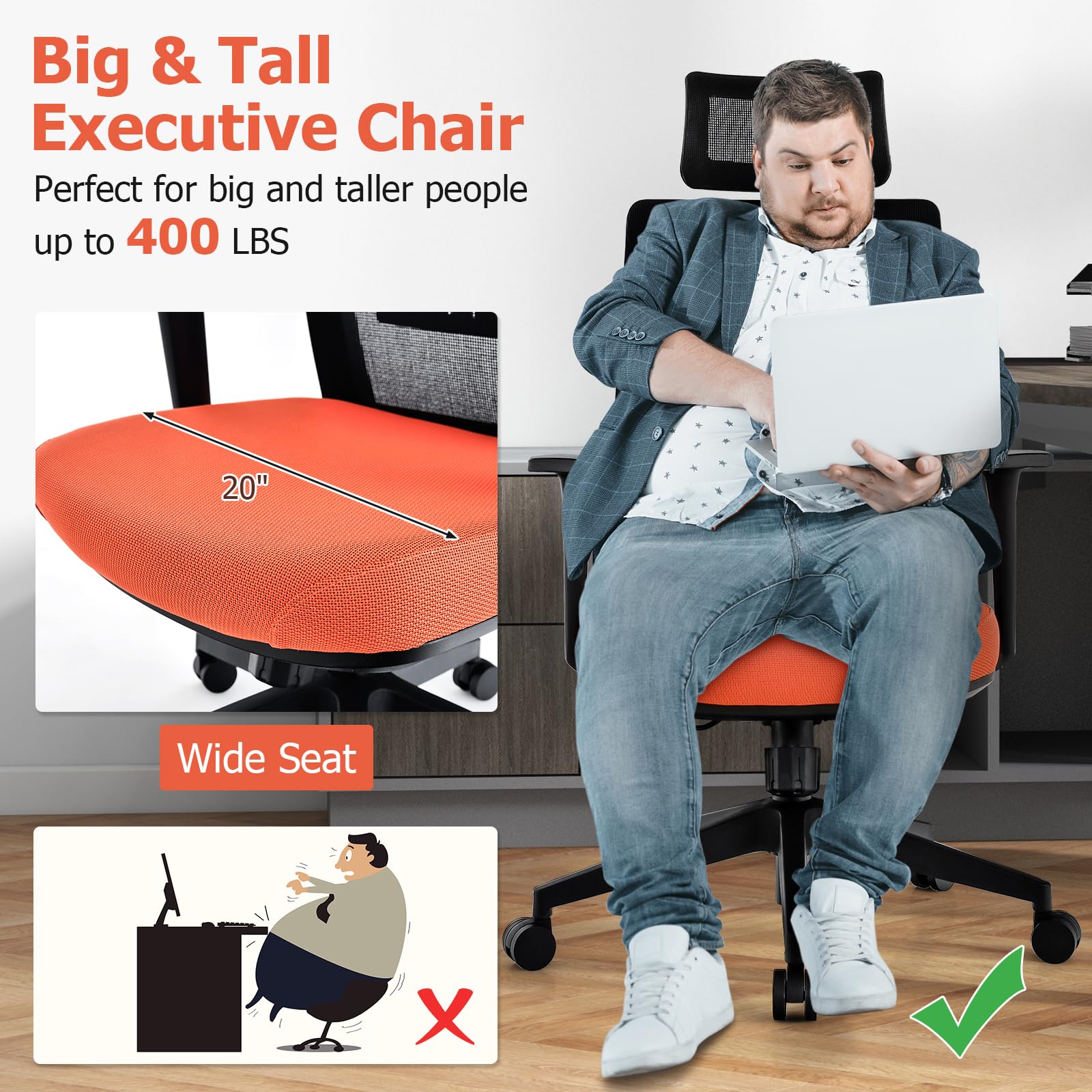 Giantex Big and Tall Office Chair 400lbs, Heavy Duty Ergonomic Mesh Chair with Adjustable Lumbar and 3D Headrest, Wide Orange Seat, High Back Computer Executive Desk Chair for Office, Conference Room