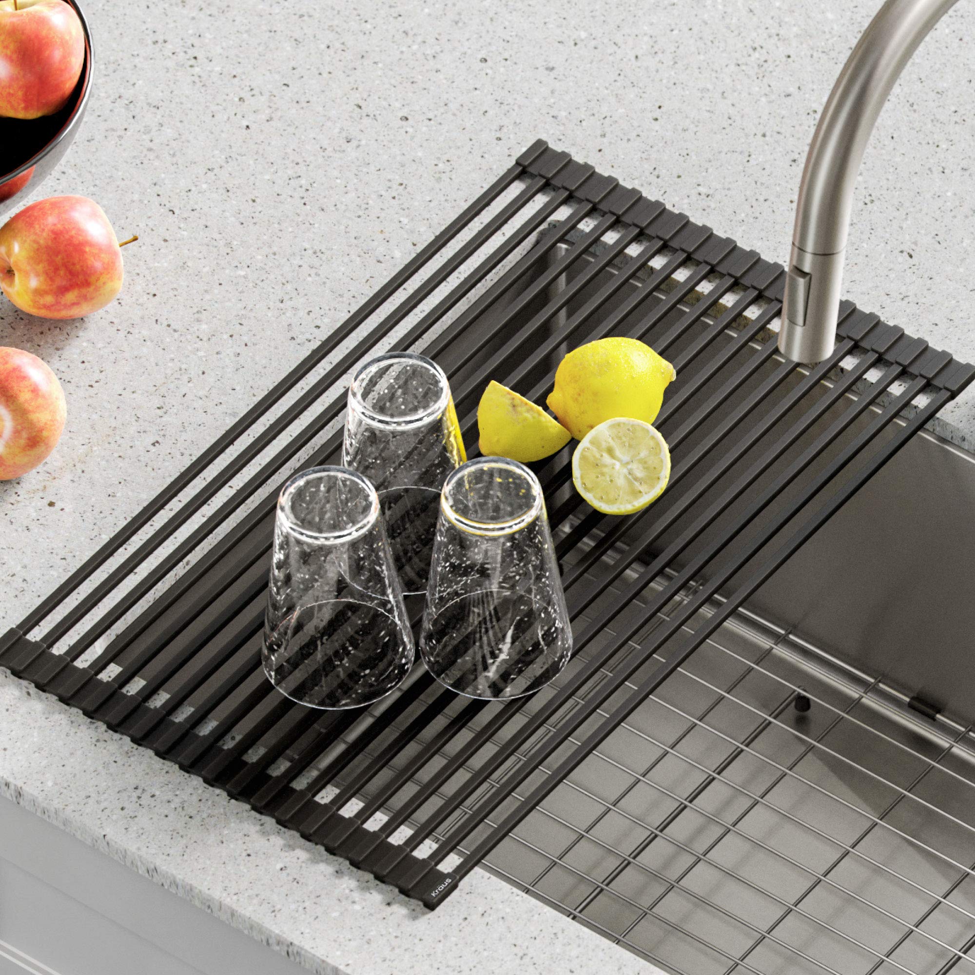 KRAUS Multipurpose Over-Sink Roll-Up Dish Drying Rack, Colander and Trivet in Black, KRM-10BLACK
