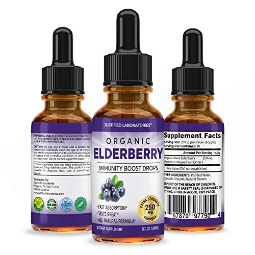 Organic Elderberry Drops Liquid Extract Daily Immune System Support 250MG Sambucus Nigra Antioxidant Berry Flavor for Kids & Adults