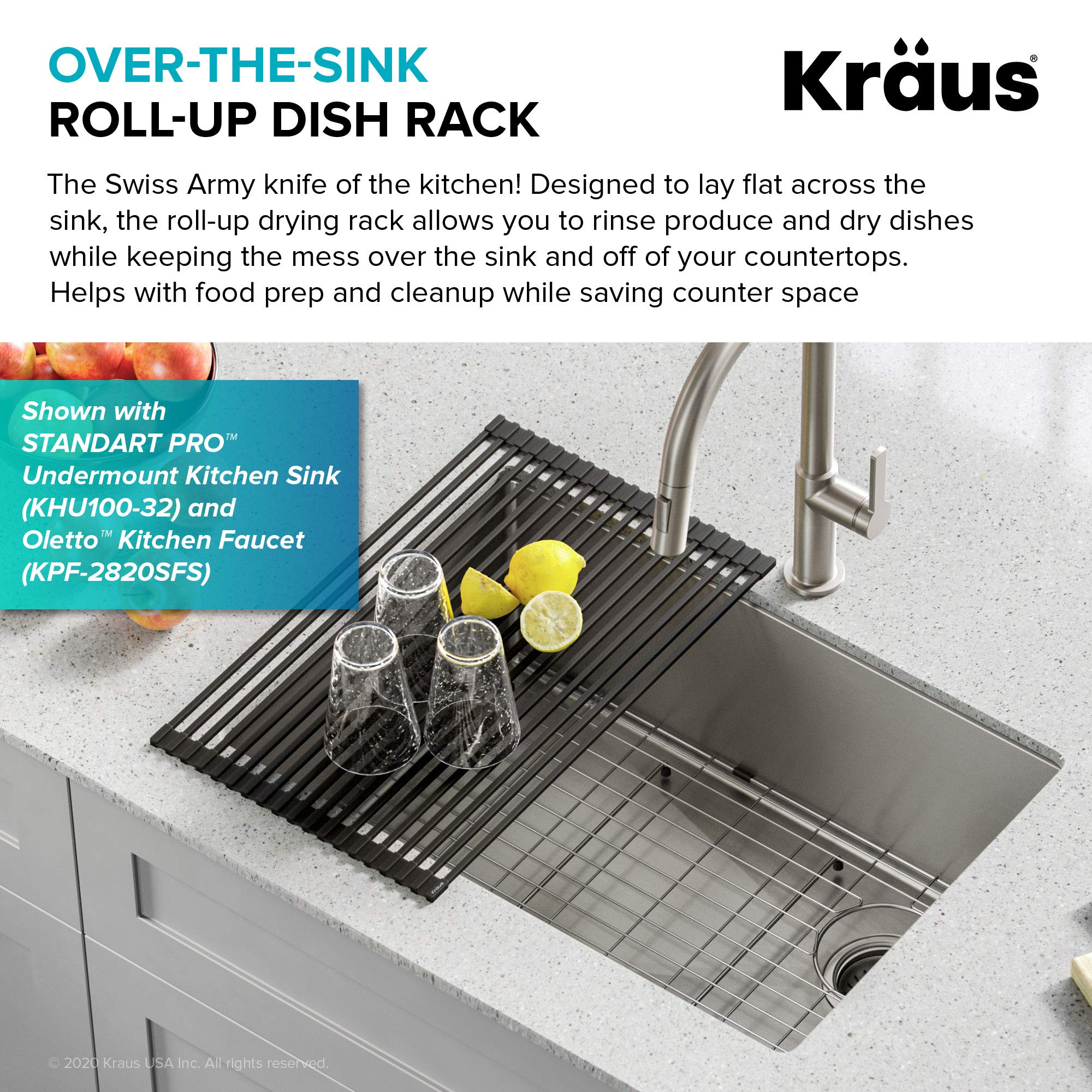 KRAUS Multipurpose Over-Sink Roll-Up Dish Drying Rack, Colander and Trivet in Black, KRM-10BLACK