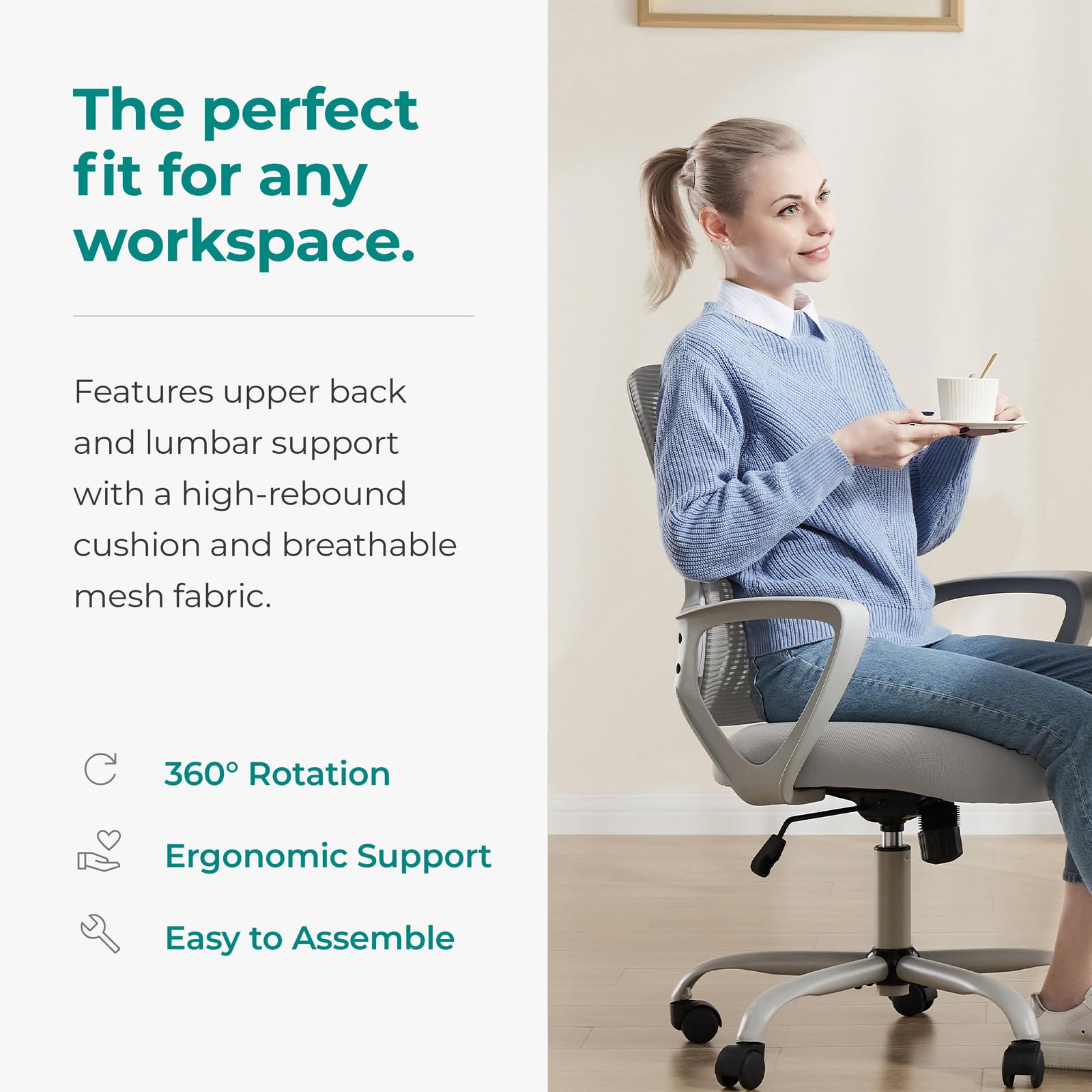 Ergonomic Office Chair, Home Desk Mesh Chair with Fixed Armrest, Executive Computer Chair with Soft Foam Seat Cushion and Lumbar Support