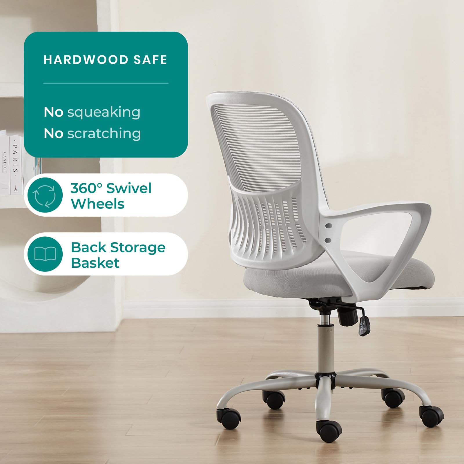 Ergonomic Office Chair, Home Desk Mesh Chair with Fixed Armrest, Executive Computer Chair with Soft Foam Seat Cushion and Lumbar Support