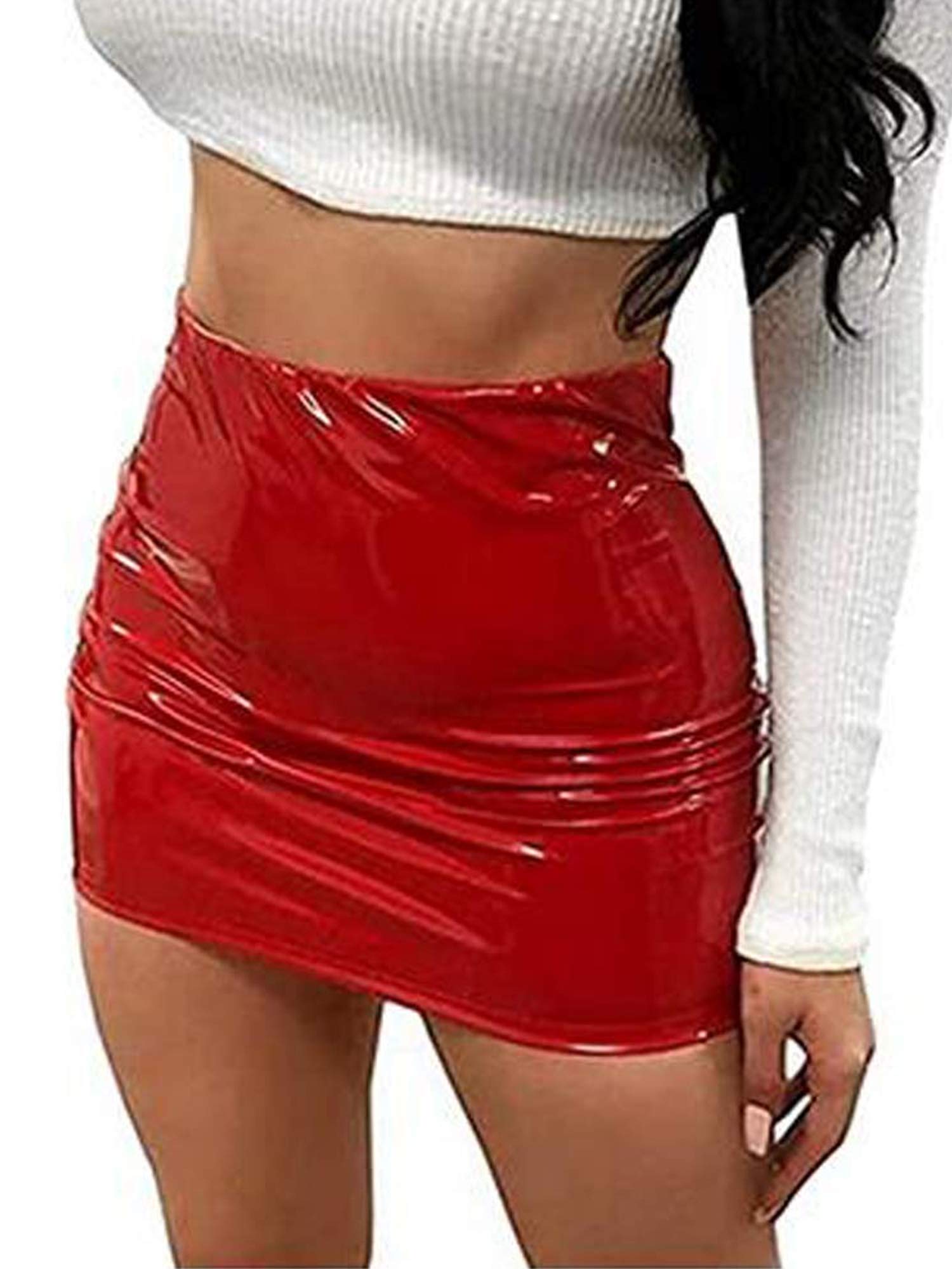 Michellecmm Women's Neon Leather Mini Skirt PU Bodycon Pencil Sexy Slim High Waist Elastic Pencil Latex Skirt Party Clubwear (Ab Red, S)