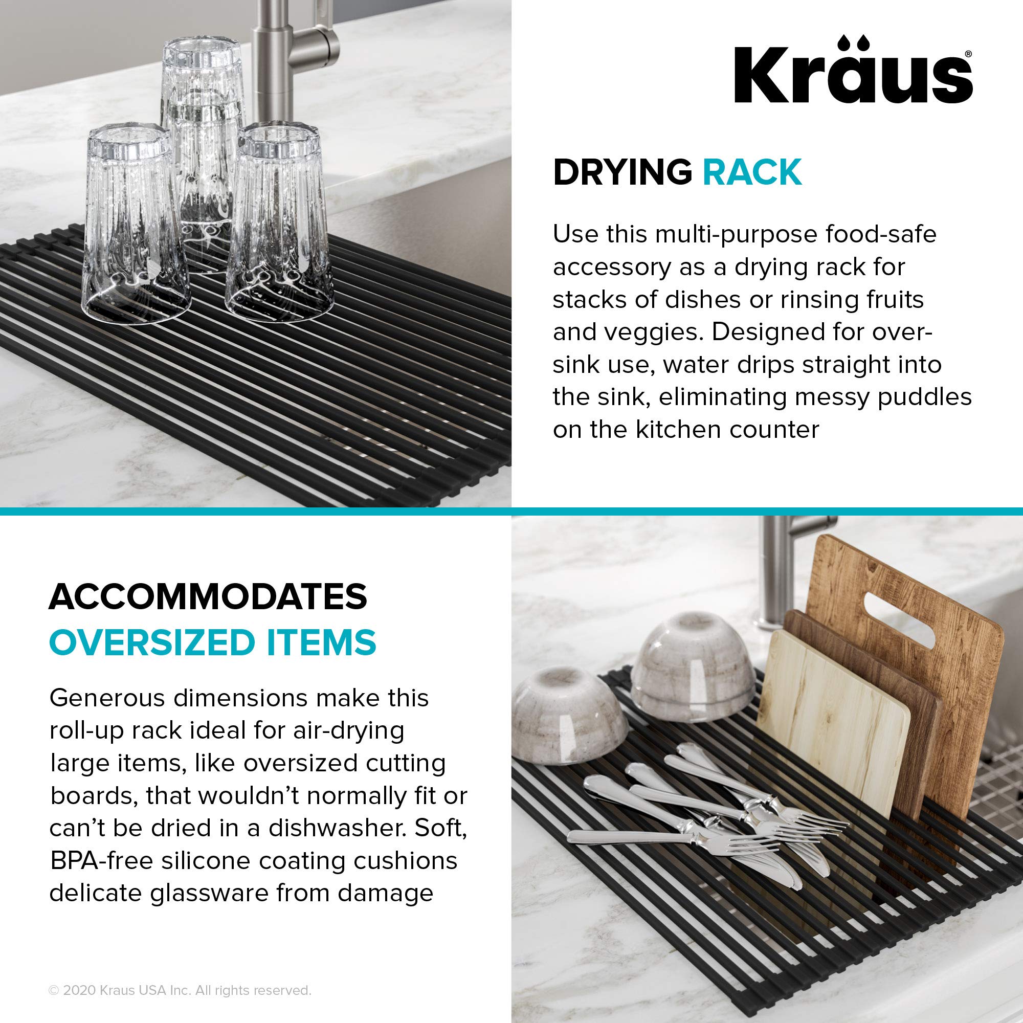 KRAUS Multipurpose Over-Sink Roll-Up Dish Drying Rack, Colander and Trivet in Black, KRM-10BLACK