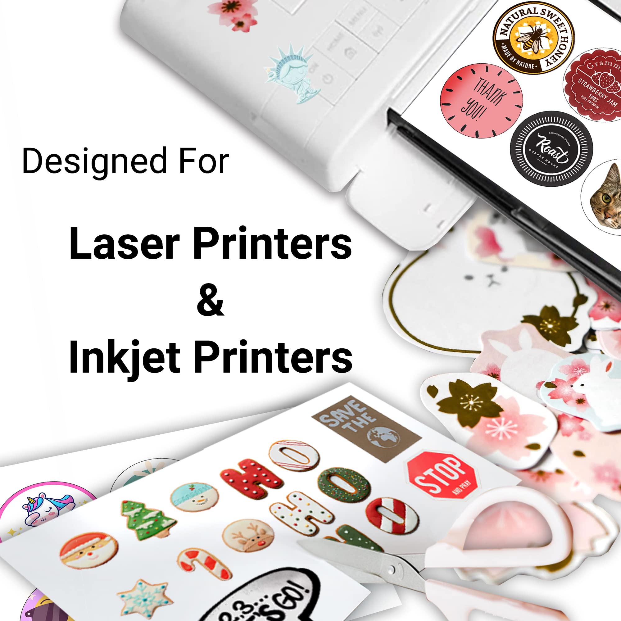 akaca Sticker Paper, 8.5x11, Printable Vinyl Self Adhesive Paper 30 Sheets, Matte White Waterproof Tear Resistant for Laser & Inkjet Printer, 216 x 279 mm