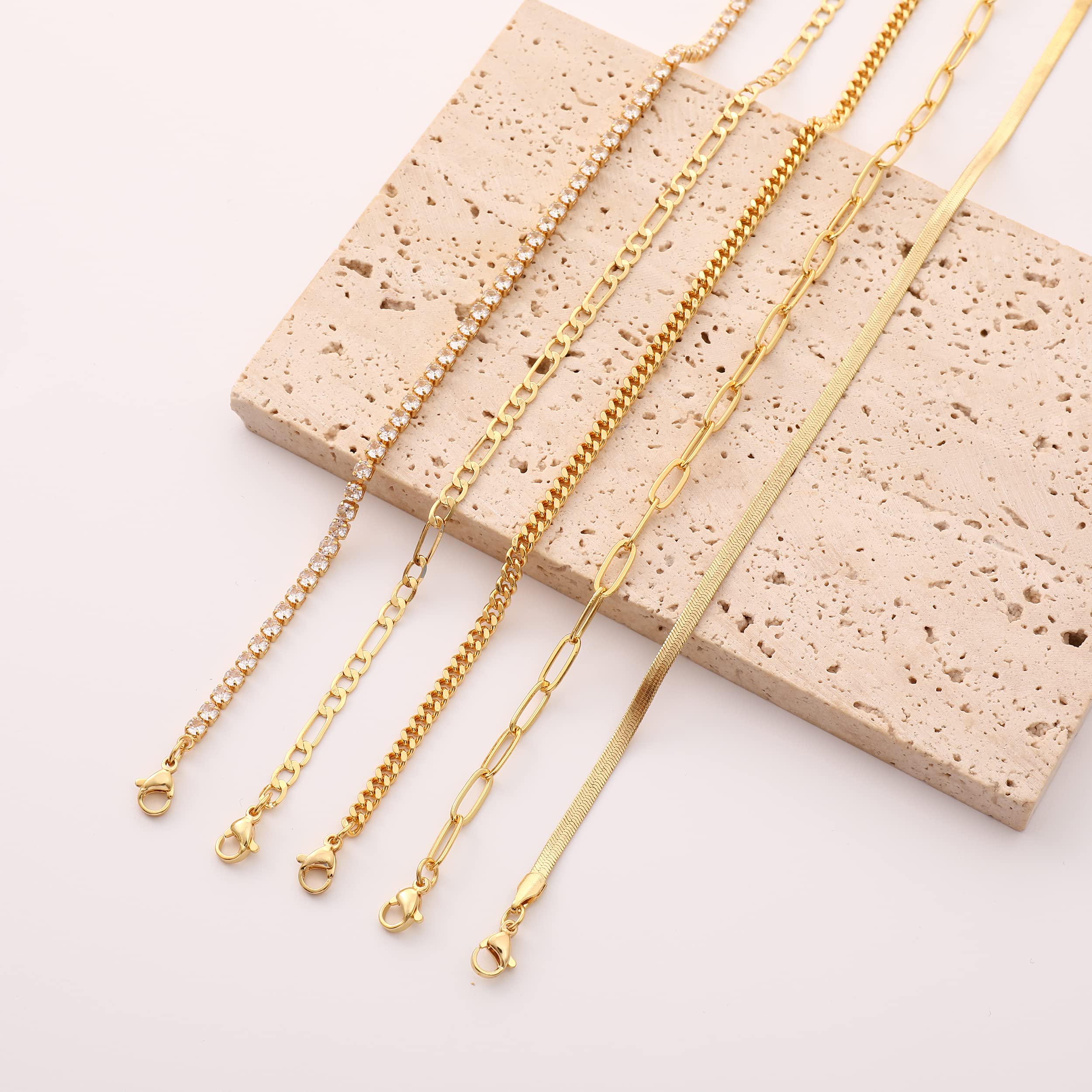 GMSOL Ankle Bracelets for Women 14k Gold Plated Waterproof Layered Cuban Figaro Link Chain Anklets Set Gold Herringbone Chain Anklets Jewelry Gift