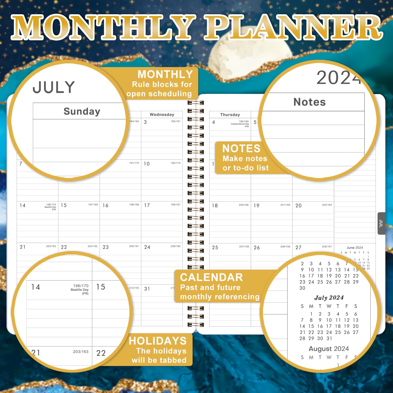 Planner 2023-2024 - July 2023 - June 2024, Weekly and Monthly Planner, 8'' X 10'', Academic Planner 2023-2024, Tabs, Holidays, Flexible Cover, Twin-wire Binding, Thick Paper, Julian Dates & Notes