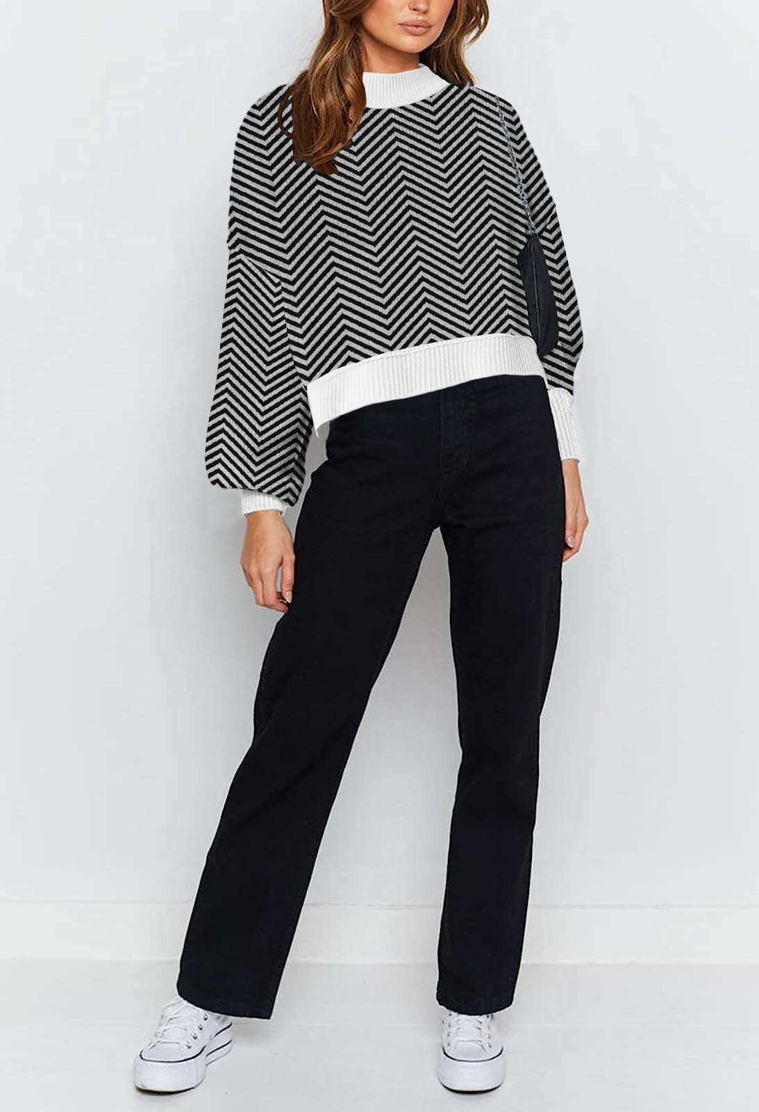 Women's 2024 Fall Sweaters Trendy Long Sleeve Knitted Tops Side Slit Crew Neck Oversized Cropped Sweaters Pullover Jumper(L.Line Black)