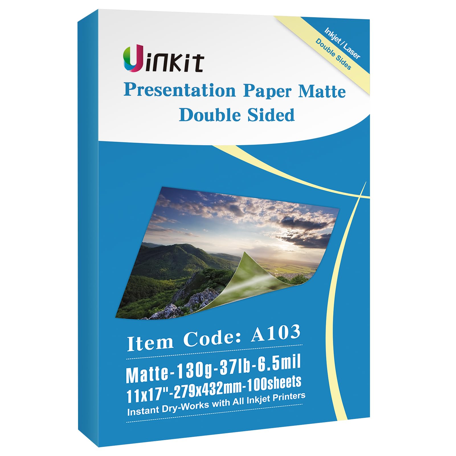 Uinkit 100 sheets Presentation Paper Matte 11x17 Double Sided 35 lb Photo 11 x 17 2 Sides Brochure Photos Picture Poster Playbill Flyer 6.5 Mil Double-Sided for laser and Inkjet Printers