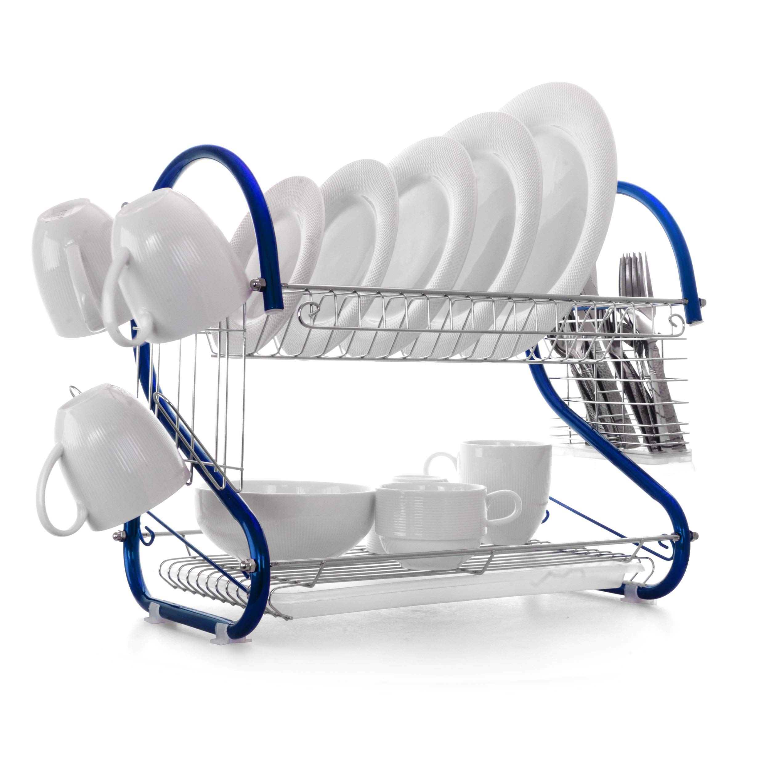 Megachef Iron Wire Contemporary Dish Drying Rack with Included Hangers, Utensil Compartment, and Drip Tray, 16 Inch, Blue and Silver Chrome