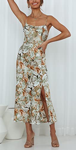 Cantonwalker Women's Satin Spaghetti Straps Cowl Neck Sexy V-Back Cross Slip Cocktail Formal Midi Dress 0238 (S, Green Floral)