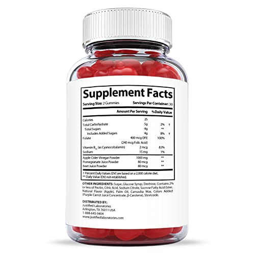 Justified Laboratories (2 Pack) Total ACV Heath Keto Gummies 1000MG with Pomegranate Juice Beet Root B12 120 Ketos Gummys