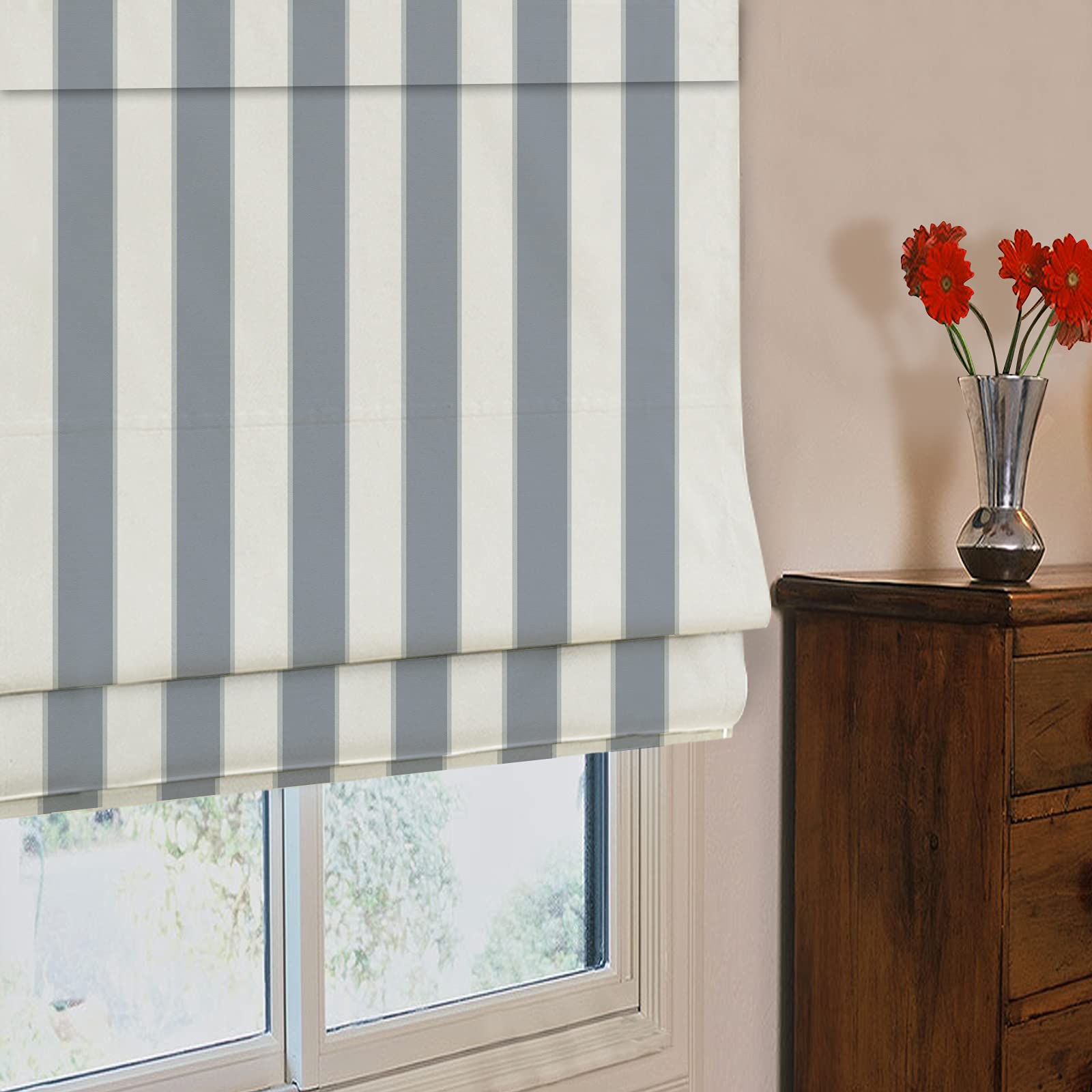 Roman Shades with Valance for Windows, Greyish Blue Stripe Custom Blackout Light Filtering Roman Window Shades, Fabric Insulated Thermal Roman Blinds for Doors, French Doors, Kitchen Windows