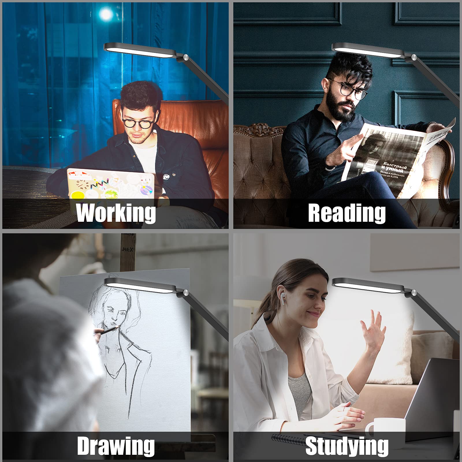 LED Desk Lamp,JKSWT Eye-Caring Adjustable Swing Arm Desk Light with Clamp,72 Led,5 Color Modes,5 Brightness Levels Table Lamp, Office Lamp with Memory Function and Touch Control,Black