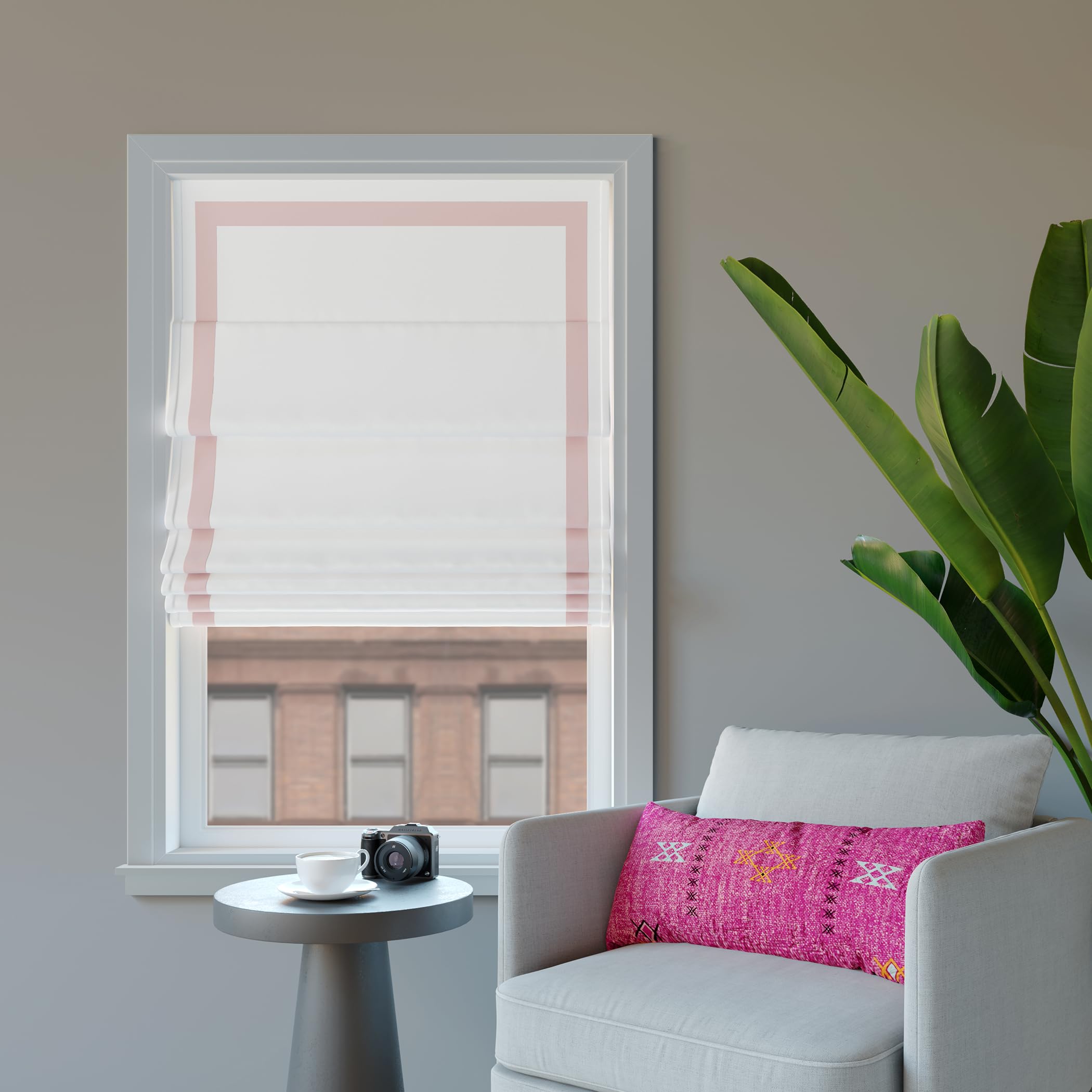 Sun Zero Marline Pink Ribbon Border Stripe 100% Blackout Cordless Roman Shade, 35" x 64", Pink/White