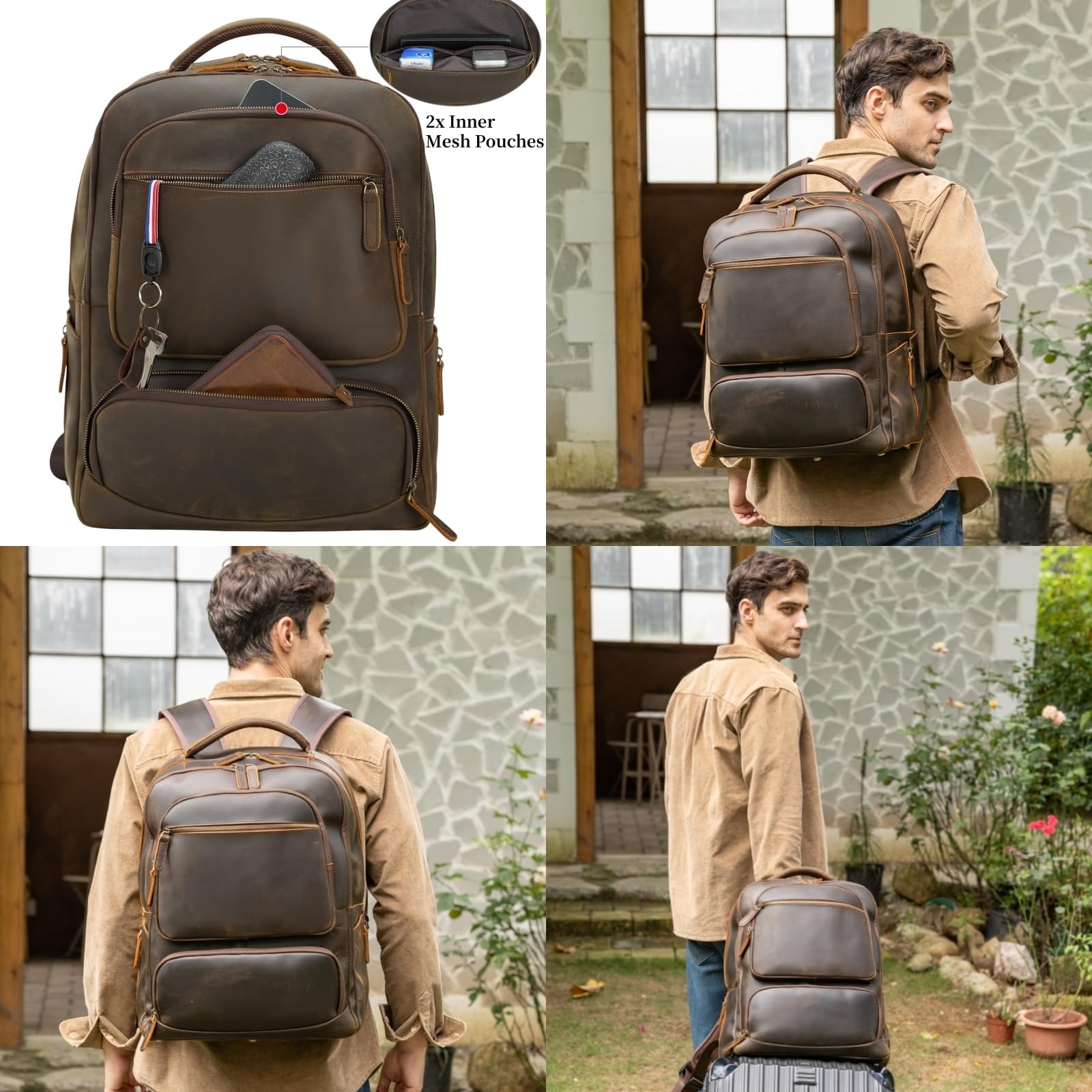 Masa Kawa Large Full Grain Leather 17.3" Laptop Backpack for Men Vintage Brown College School Bookbag Business Travel Work Casual Daypack Rucksack Bag