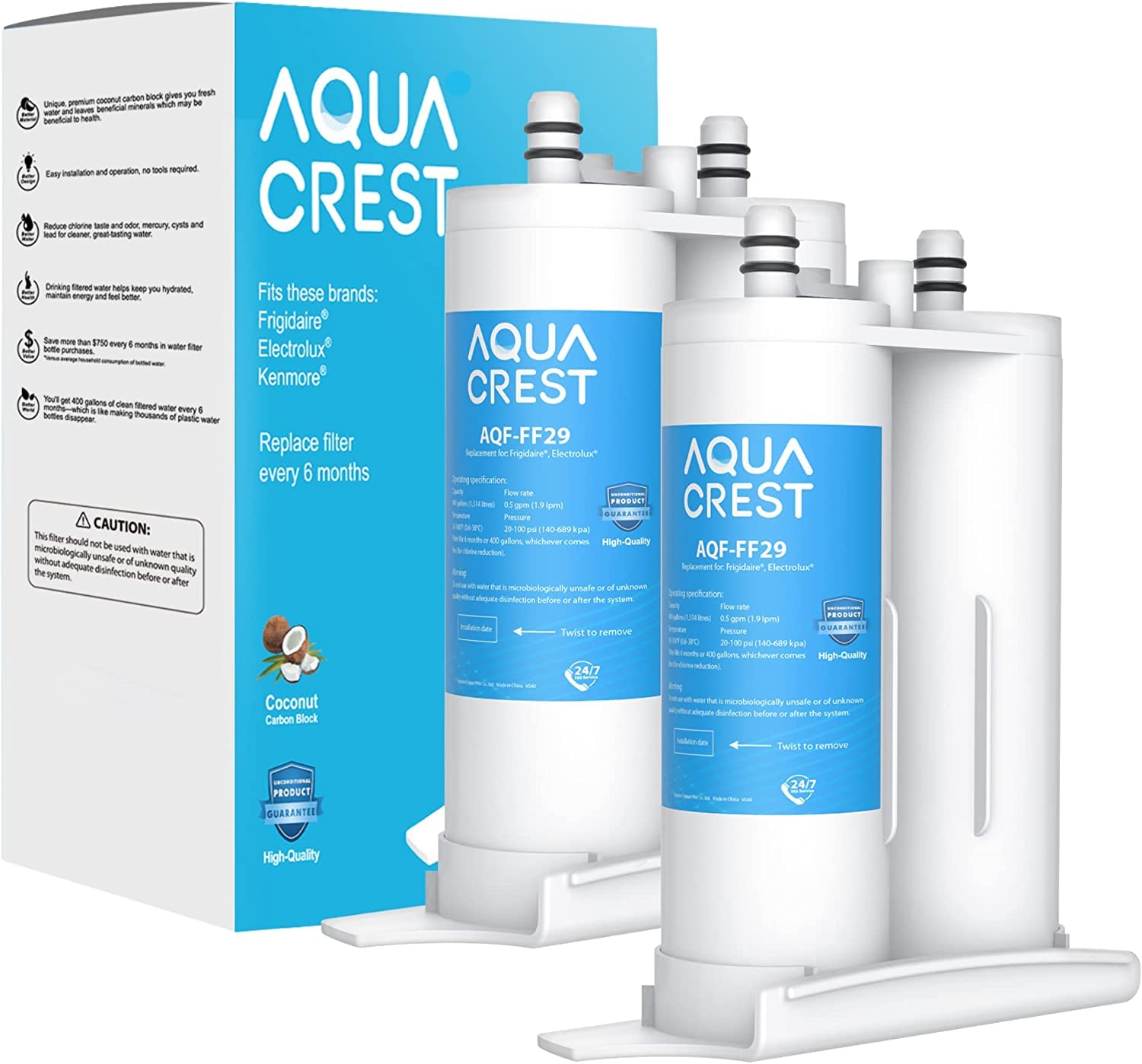 AQUA CREST Replacement for Frigidaire® & Electrolux® WF2CB®, PureSource2®, NGFC 2000, FC100, 1004-42-FA, Kenmore 9916, 469911, 469916 Refrigerator Water Filter, 2 Filters