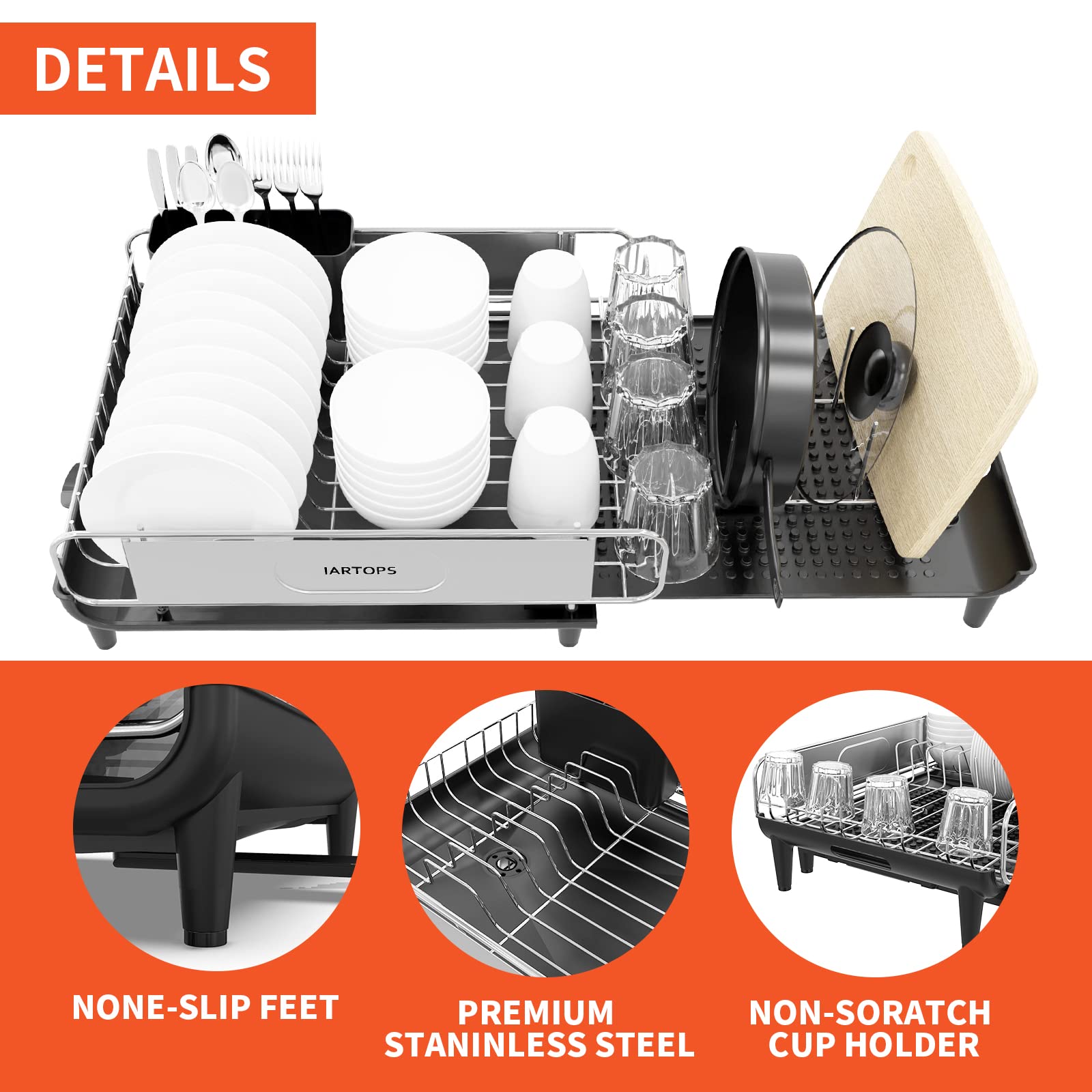 IARTOPS Dish Drying Rack, Dish Rack for Kitchen Counter, Expandable Stainless Steel Dish Strainer with Drainboard, Large Capacity Dish Drainer with Glass Holder, Utensil Holder