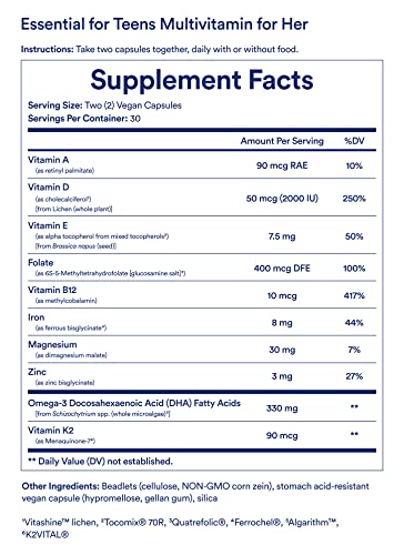 Ritual Teen Vitamins for Girls - Zinc, Vitamin A and D3 for Immune Function Support*, Omega-3 DHA & B12 for Brain Health, Non-GMO, Mint Essenced, 30 Day Supply, 60 Vegan Capsules