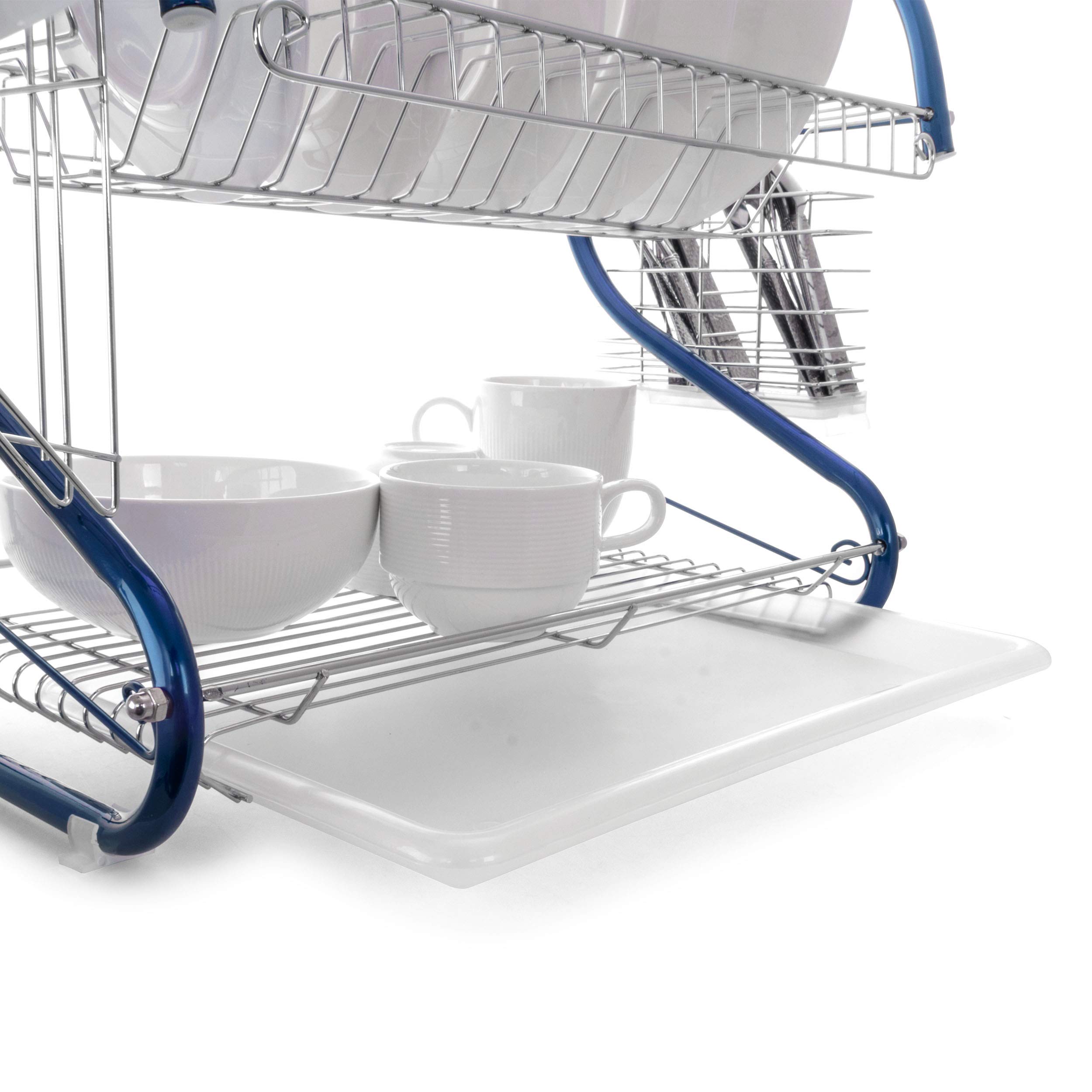 Megachef Iron Wire Contemporary Dish Drying Rack with Included Hangers, Utensil Compartment, and Drip Tray, 16 Inch, Blue and Silver Chrome