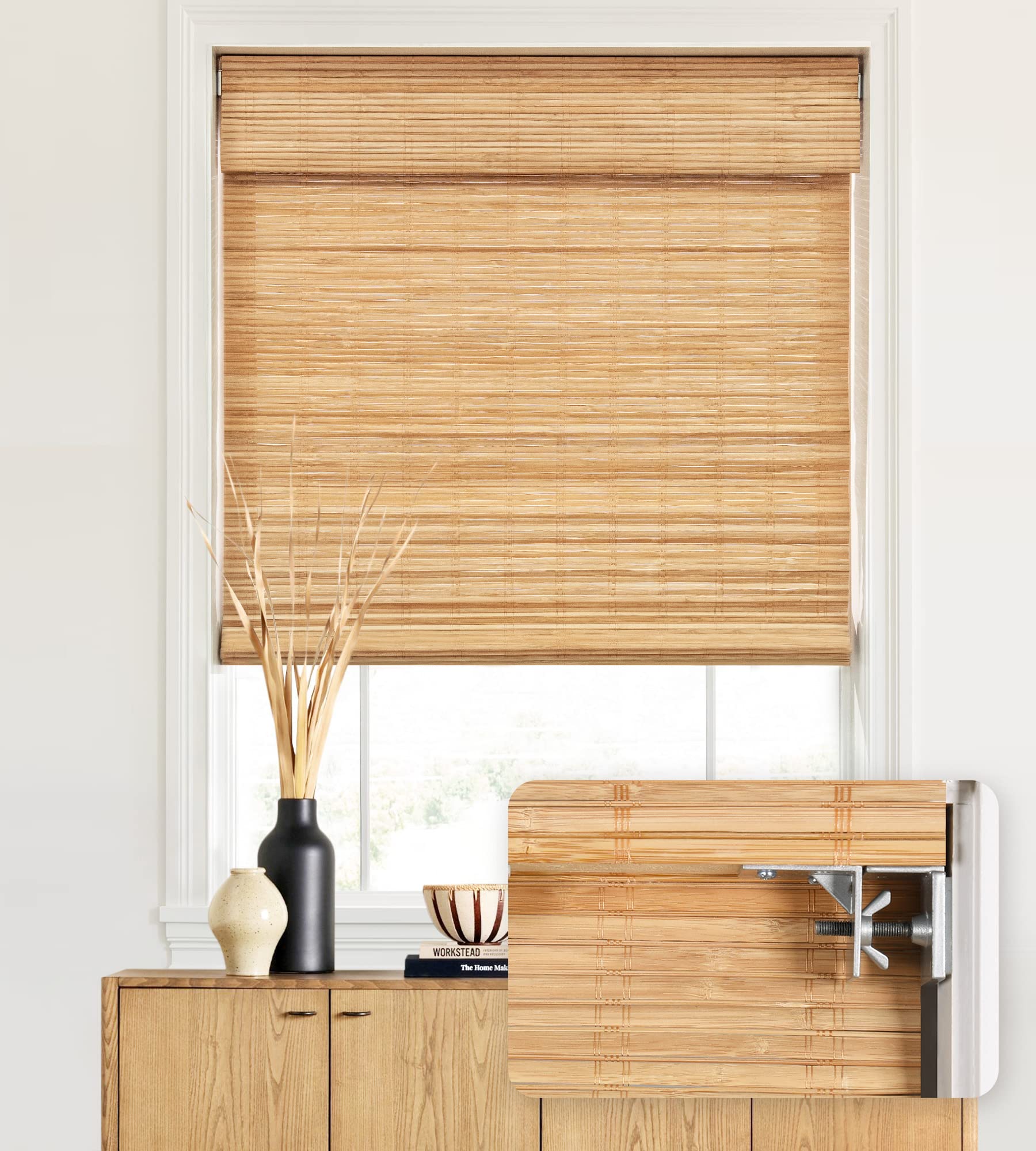 LazBlinds Custom No Tools No Drill Cordless Bamboo Roman Shades, Light Filtering Window Treatment, Roll Up Retro Bamboo Blinds for Windows, Any Size 20-58 Wide and 23-93 High, Carbonized206