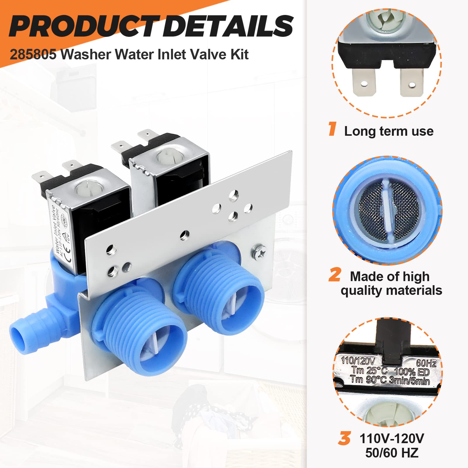 ๐ฎ๐ฌ๐ฎ๐ฑ ๐๐ฅ๐๐ง๐๐๐ 285805 Washer Water Inlet Valve with Mounting Bracket - Suitable for Whirlpool Kenmore Kitchen-Aid Washer - Replaces 292197 3349451 3354565 KAWS850JQ4 LSQ8243HQ0 7MLSC9545JQ2